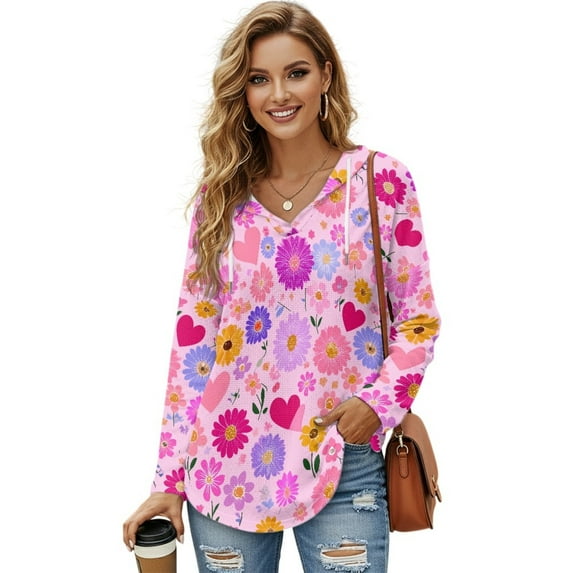 DISNIMO Flower Heart Printed Sweatshirts for Women Long Sleeve Hoodies ...