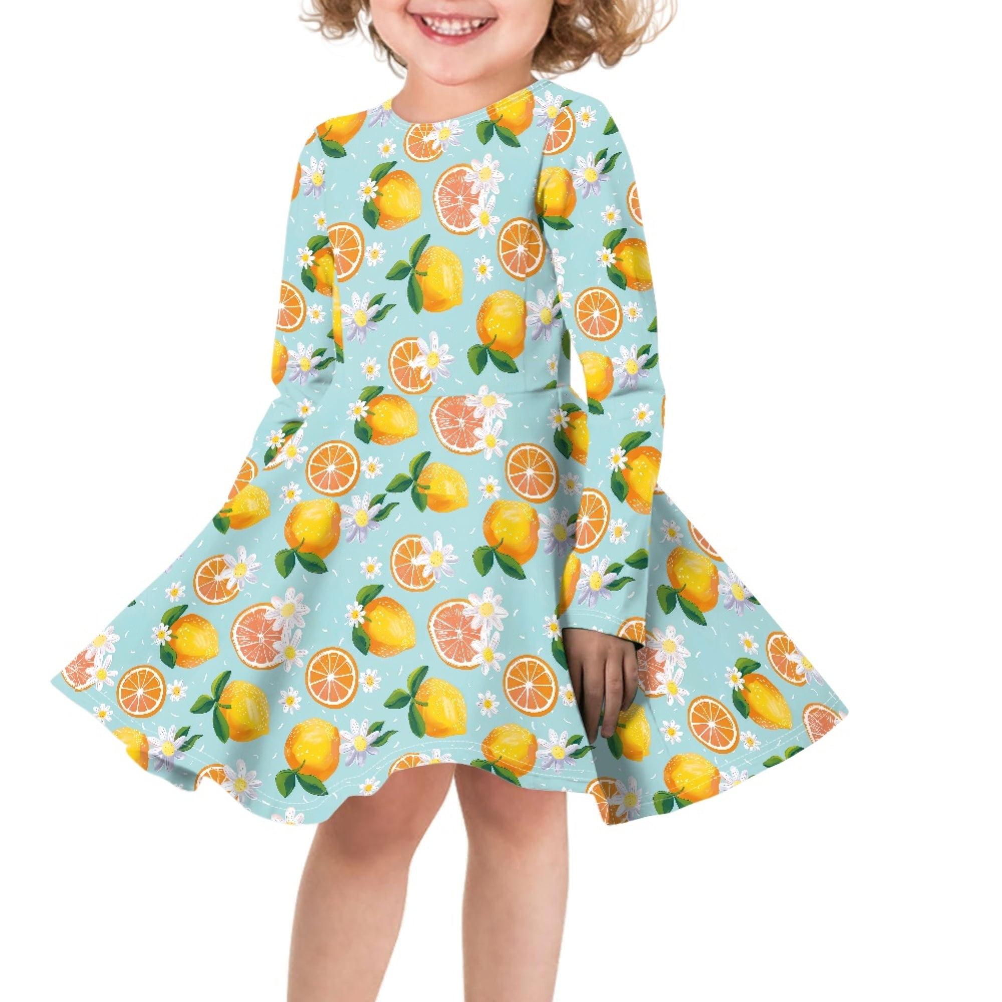 DISNIMO Flower Lemon Dress for Girls 3-4 Casual Long Sleeve Dress for Girls Floral Dress Fall ...