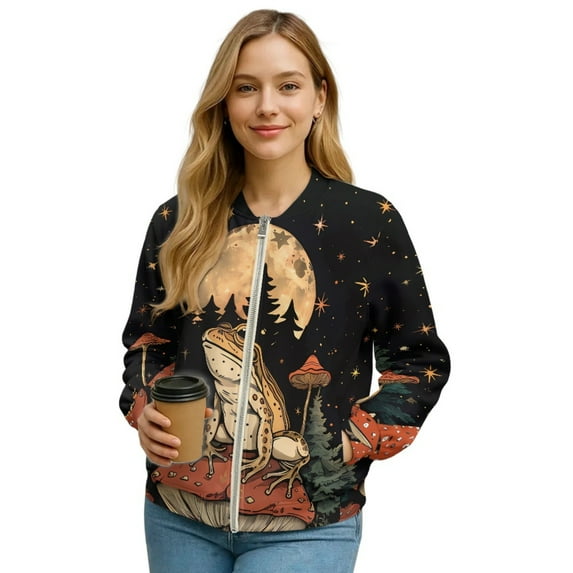 DISNIMO Frog Mushroom Printed Jackets for Women V Neck Outerwear Jacket ...
