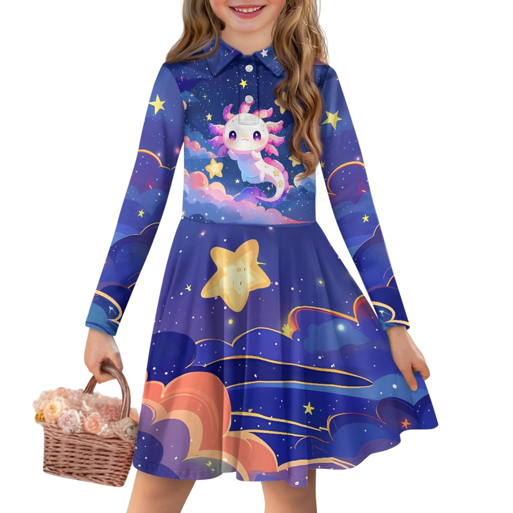 DISNIMO Galaxy Axolotl Dress for Girls 4-5 Star Dresses with Collars for Girls Button Up Dress ...