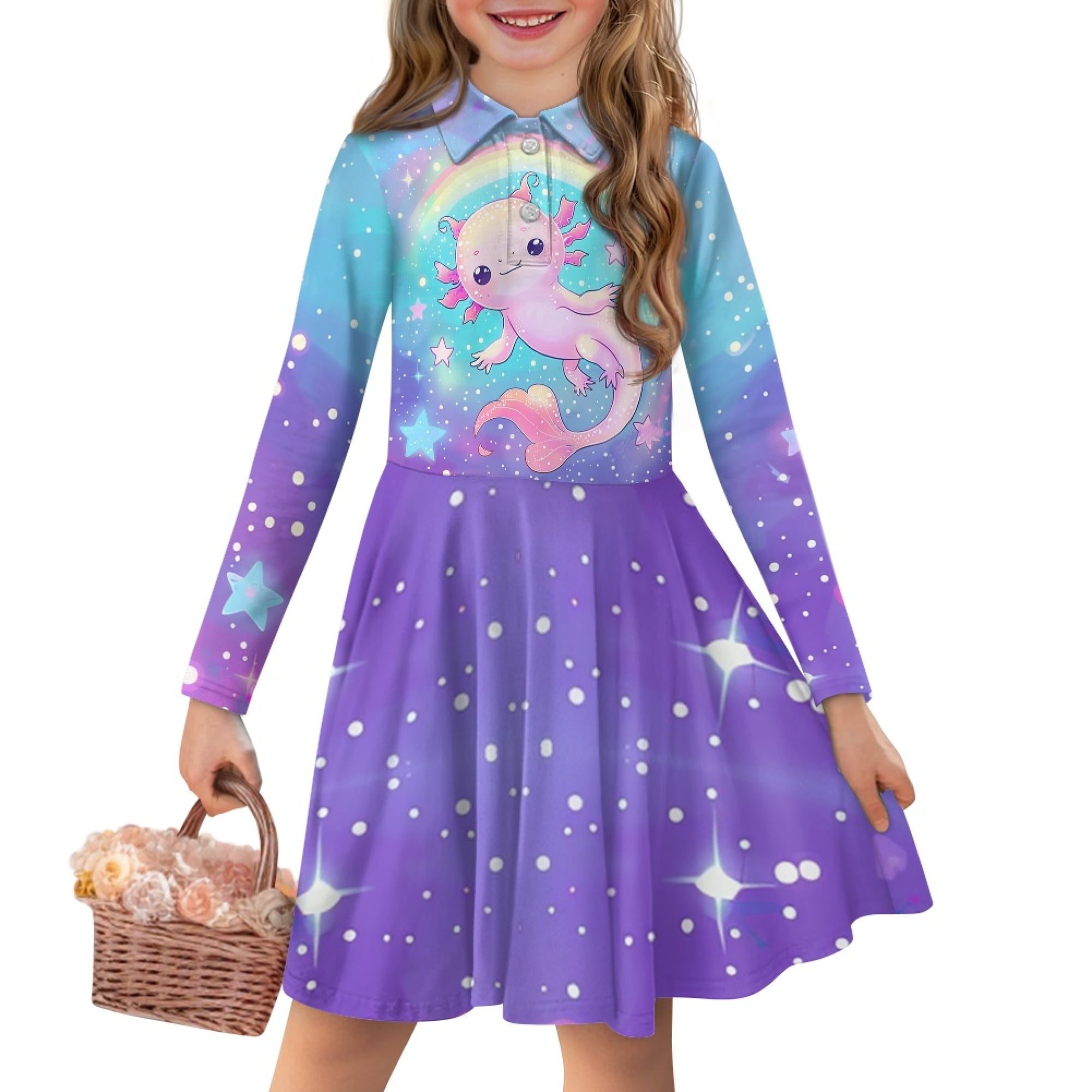DISNIMO Galaxy Axolotl Dress for Girls Rainbow Dresses for Kids Long Sleeve Skater Dress Teen ...