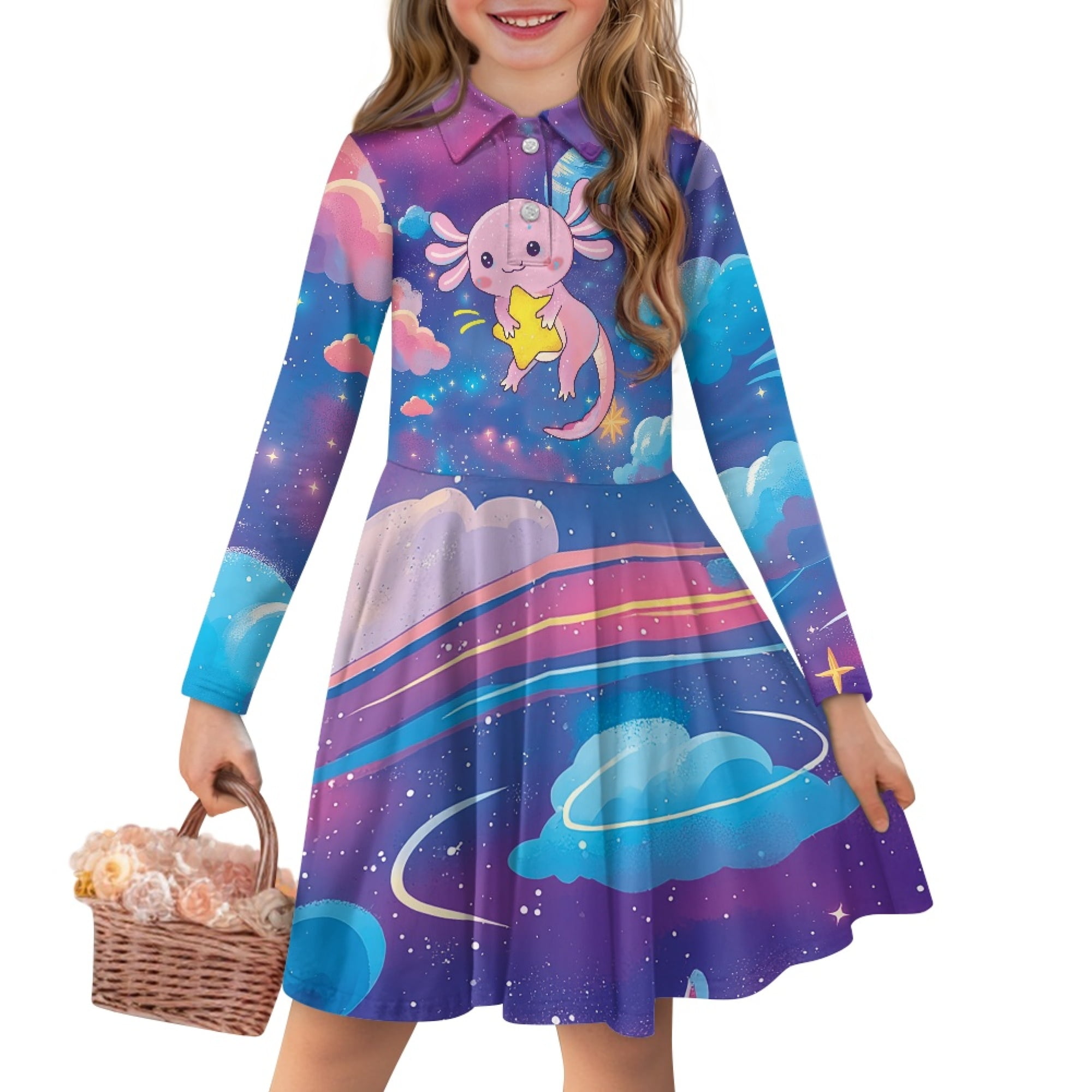 DISNIMO Galaxy Axolotl Dresses for Kids Star Dress Girl Long Sleeve Skater Dress Girls 11-12 ...