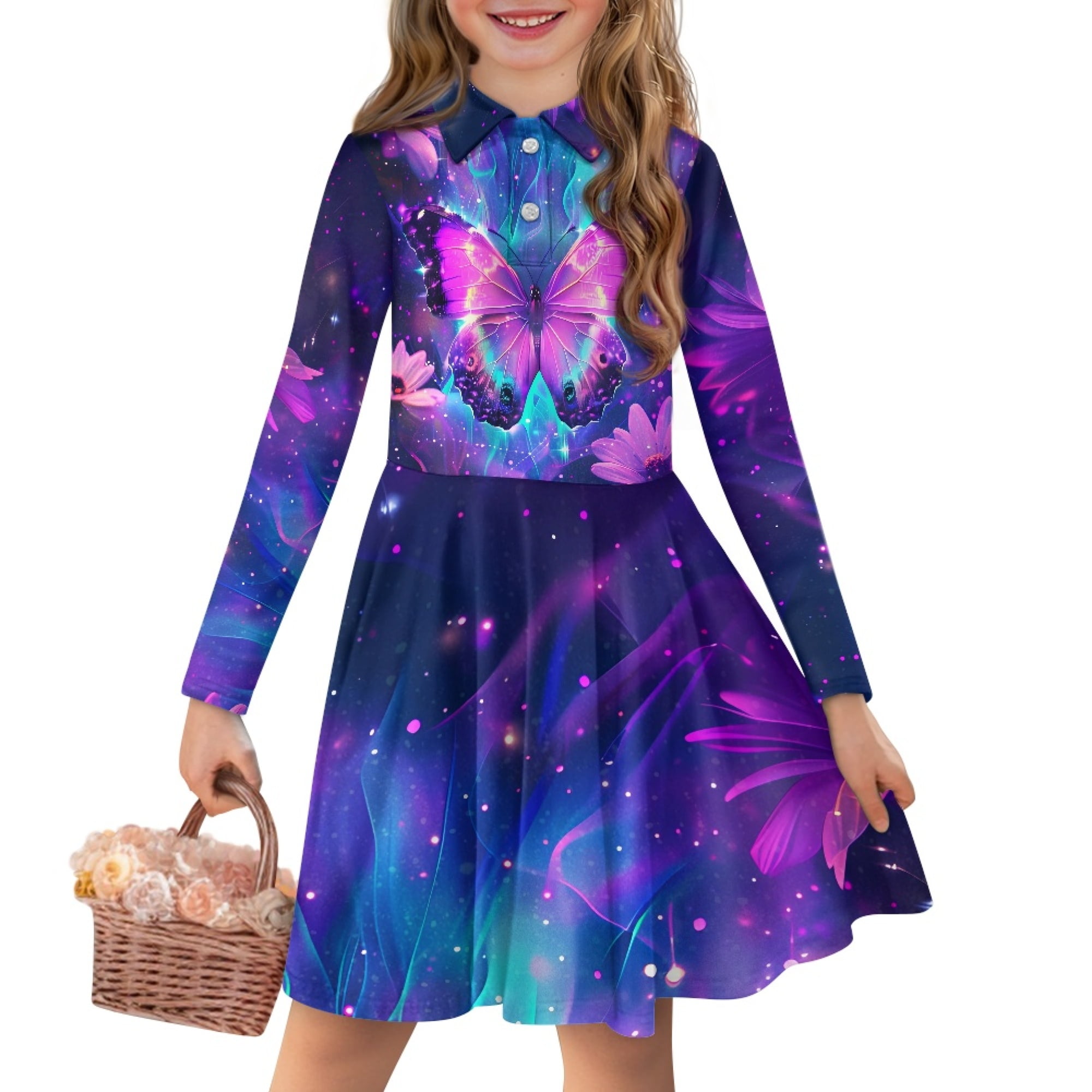 DISNIMO Galaxy Butterfly Dress for Kids Flower Dresses for Girls 11-12 Long Sleeve Swing Dress ...