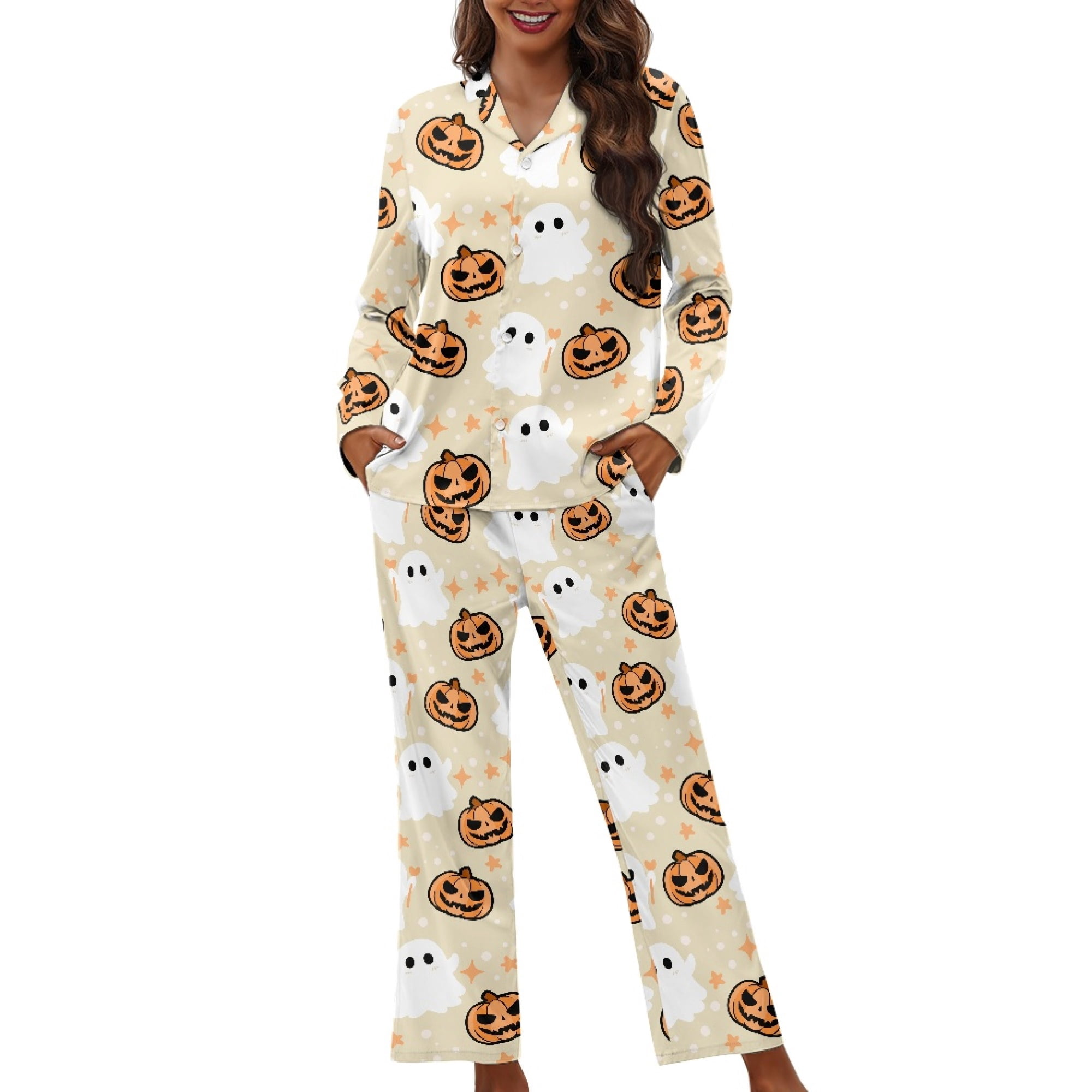 DISNIMO Ghost Pumpkin Printed Women's Two Piece Pjama Sets Long Sleeve ...