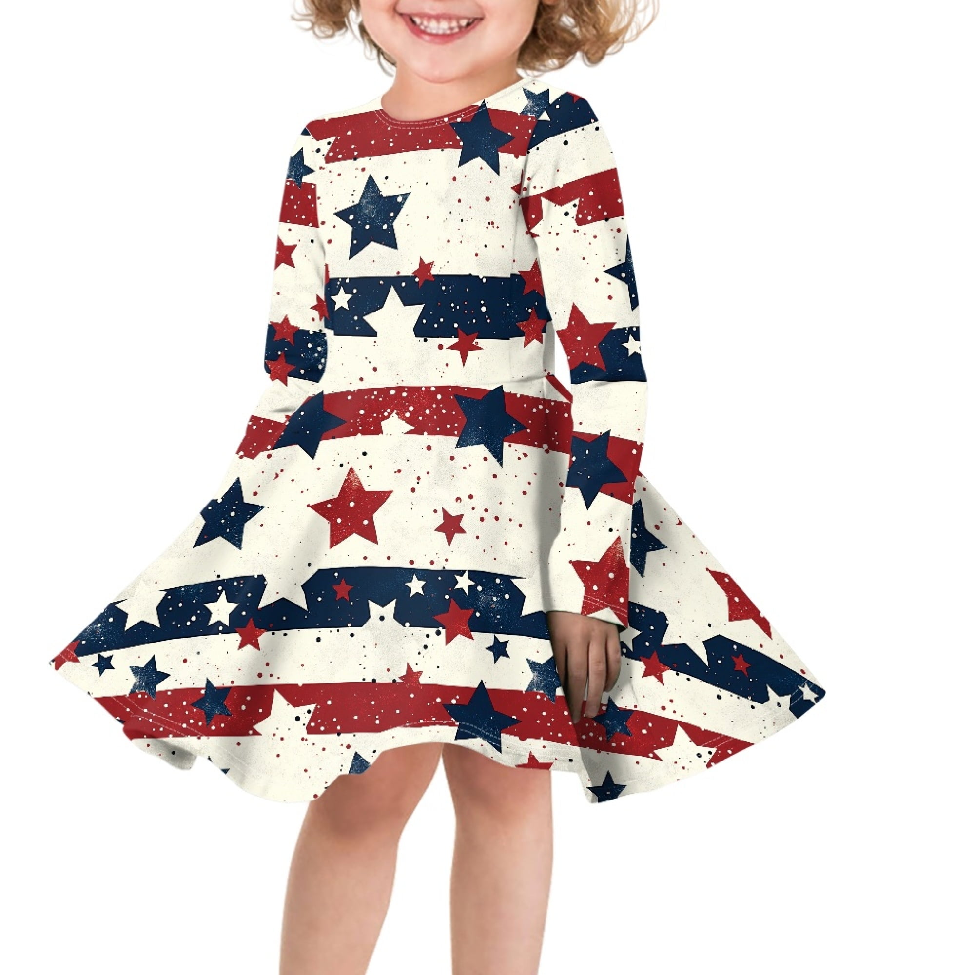 DISNIMO Girls American Flag Dress Girls Striped Long Sleeve Dresses 3-4 ...