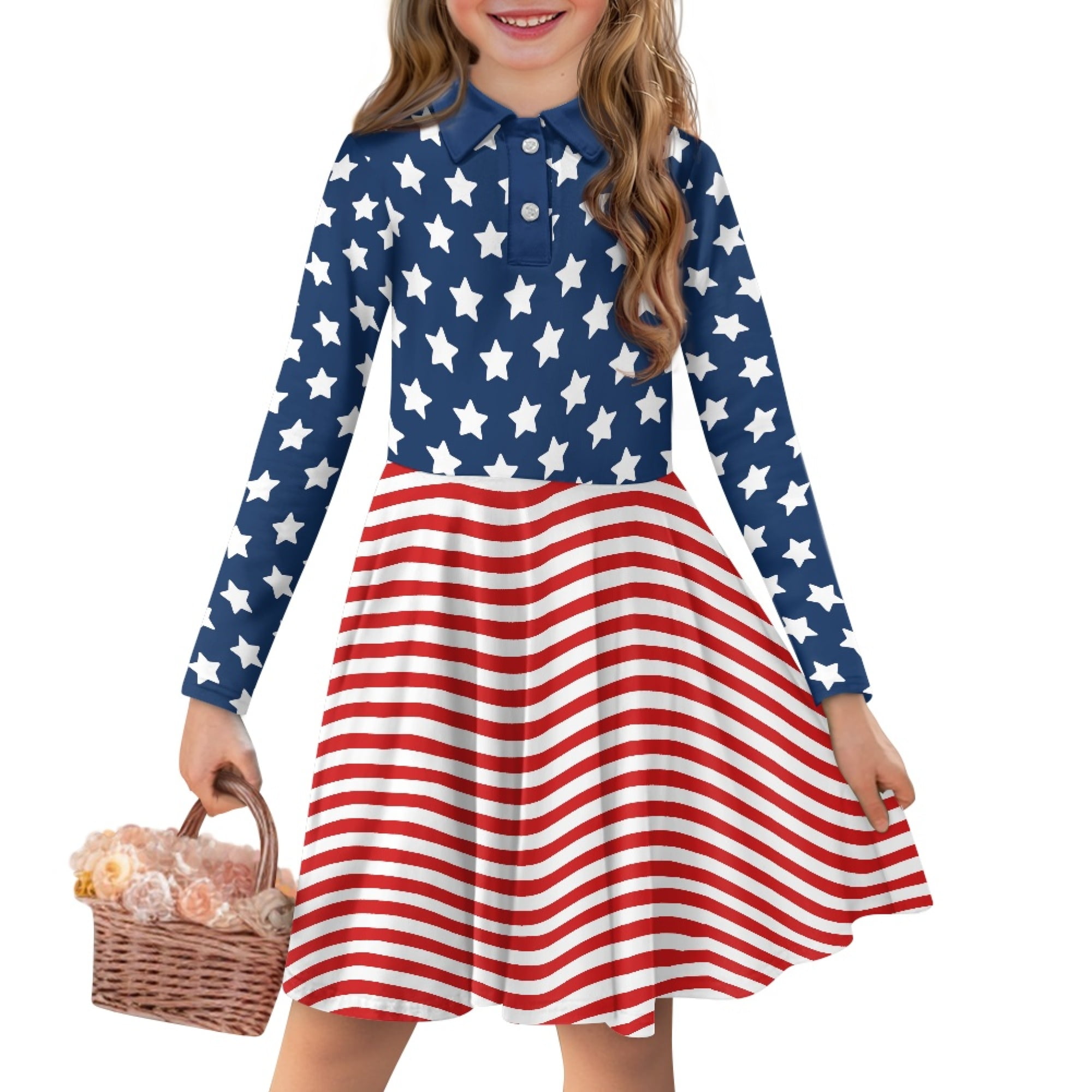 DISNIMO Girls American Flag Dress Long Sleeve Girls Star Dresses with Collar Girls Dress Outfits ...