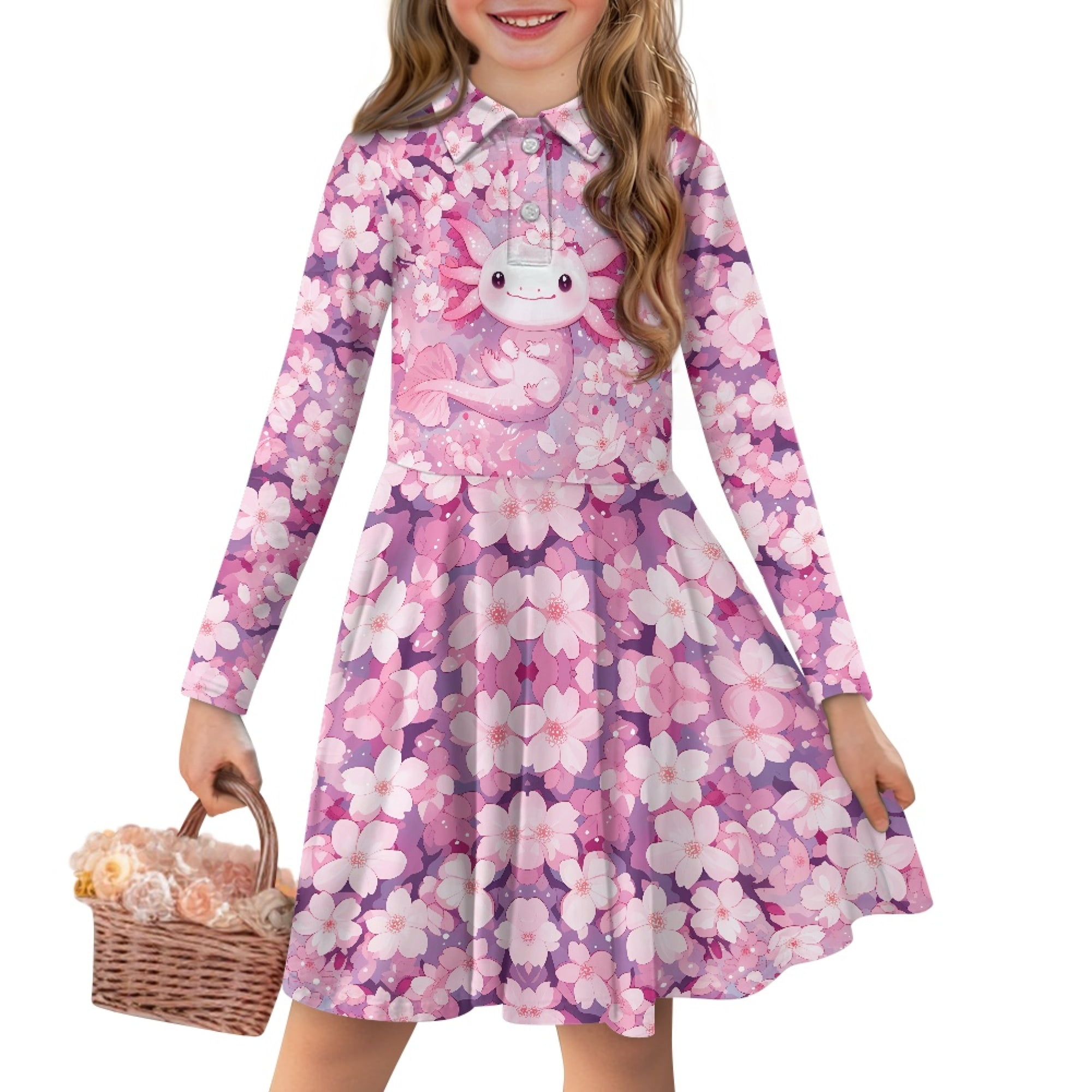 DISNIMO Girls Axolotl Dress Long Sleeve Girls Cherry Blossom Dresses with Collar Girls Dress ...