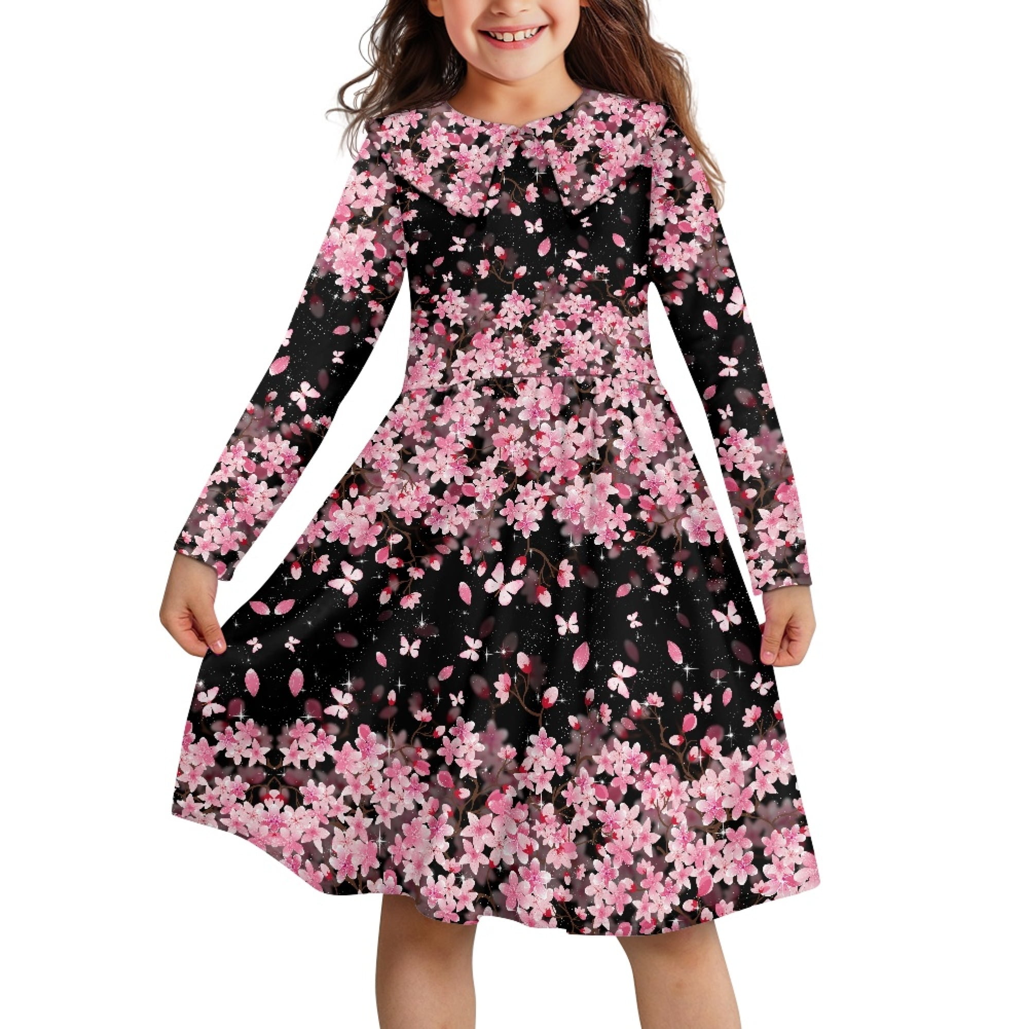 DISNIMO Girls Cherry Blossom Dress for Kids Butterfly Dress Child Long Sleeve Dress for Girls 7 ...