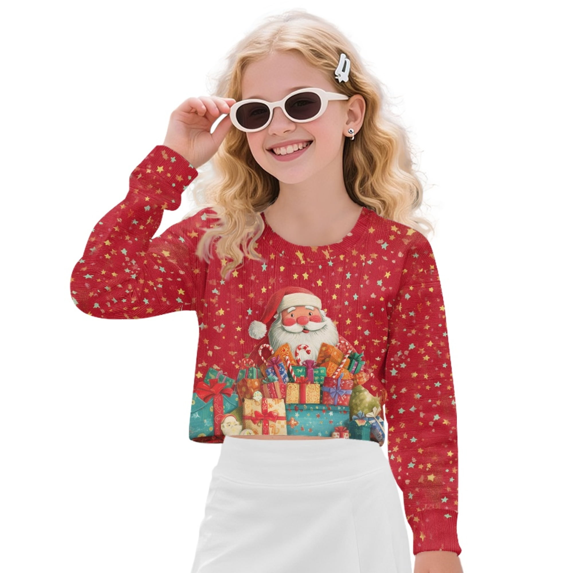 DISNIMO Girls' Cropped Sweatshirt Santa Claus Printed Long Sleeve ...