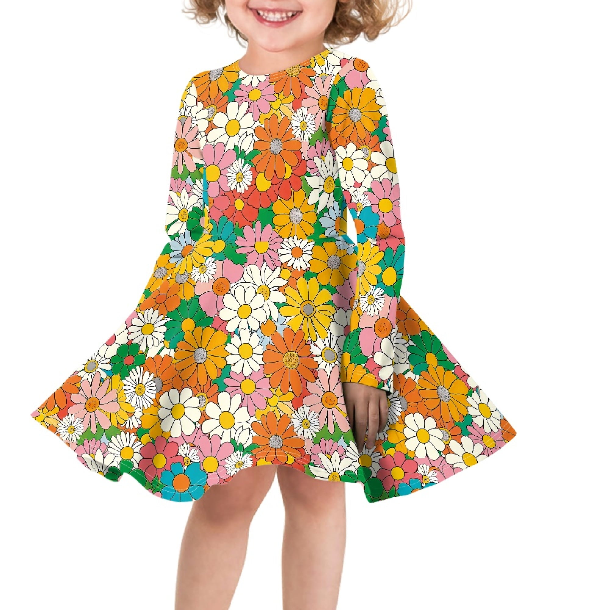 DISNIMO Girls Hippie Dress Kids Long Sleeve Dresses 7-8 Girl Floral Dress Long Sleeve Midi Dress ...