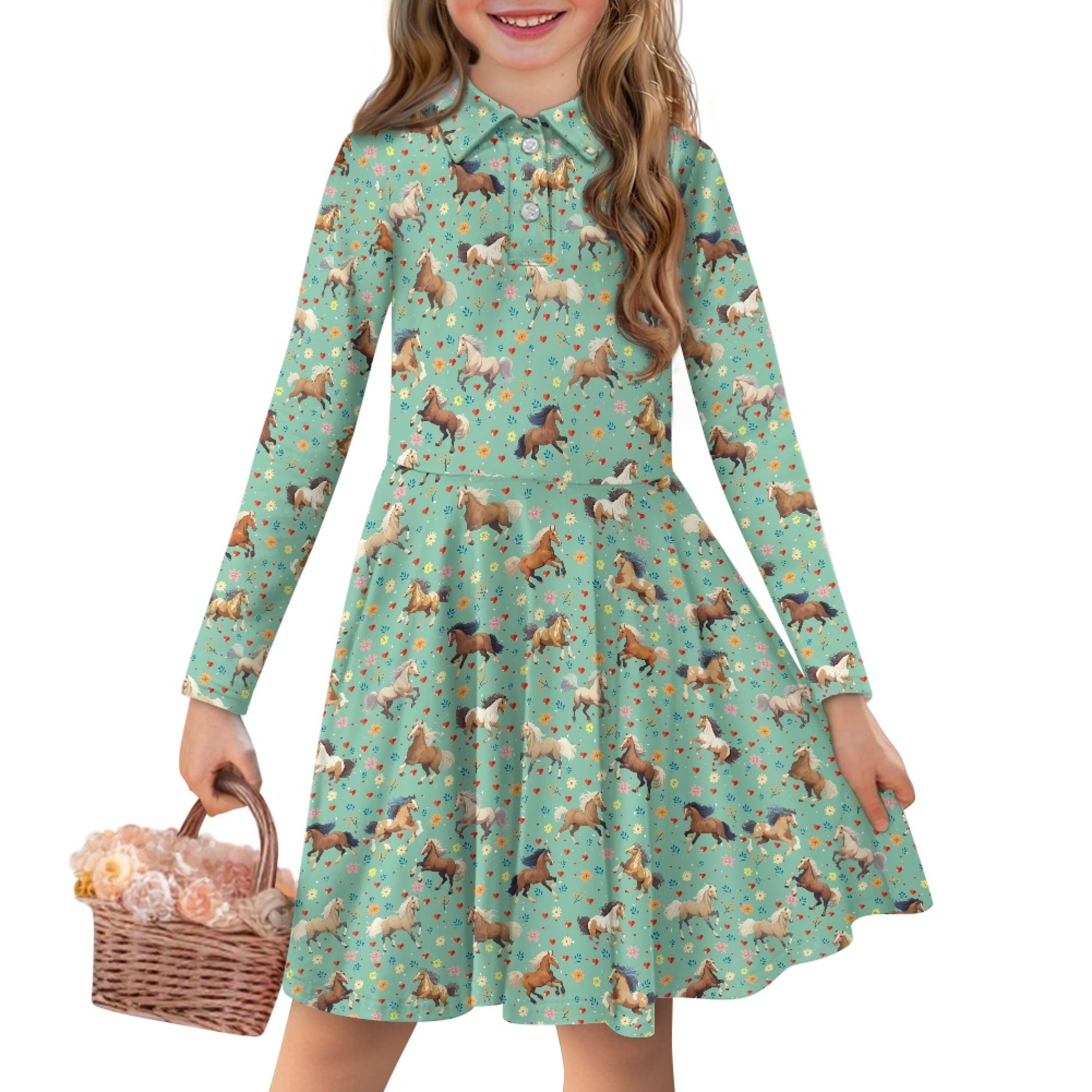 DISNIMO Girls Horse Dress Long Sleeve Dresses Kids Daisy Dress Girls Midi Dress Fall Twirl Dress ...