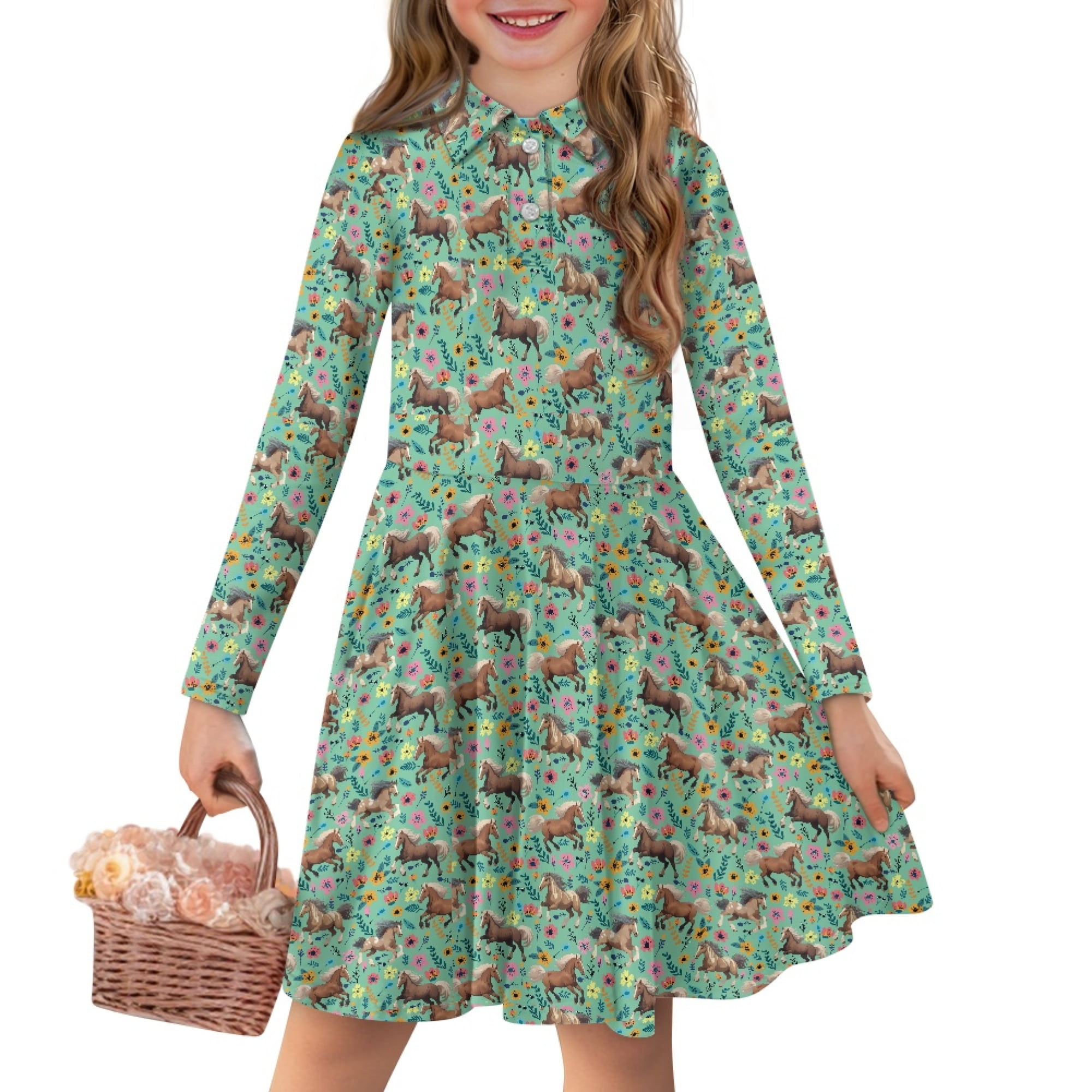 DISNIMO Girls Horse Dress Long Sleeve Flower Dress Kids 11-12 Year Old Girl Dresses Long Sleeve ...