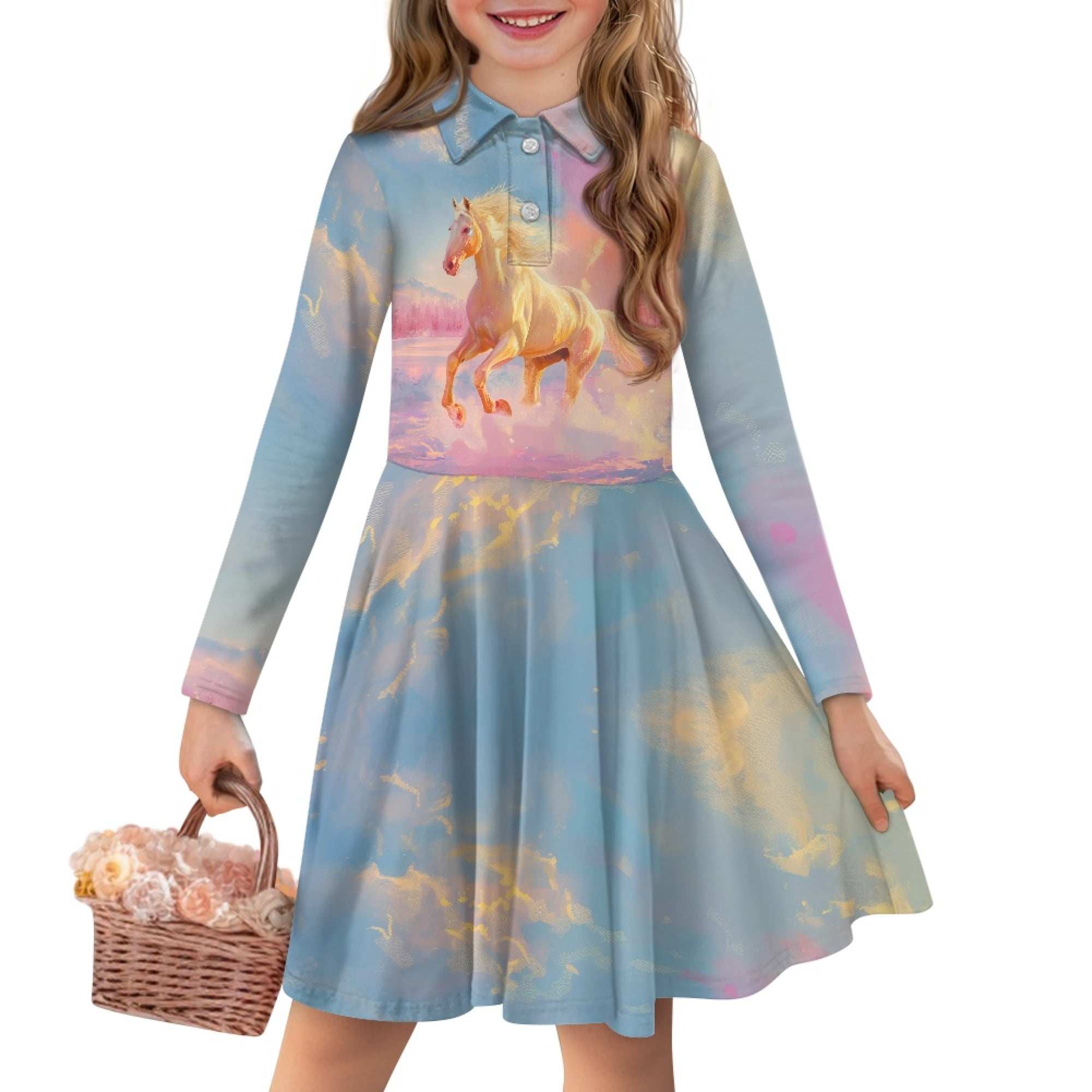 DISNIMO Girls Horse Dress Size 11-12 Long Sleeve Collared Dresses for Girls Casual Midi Dress ...