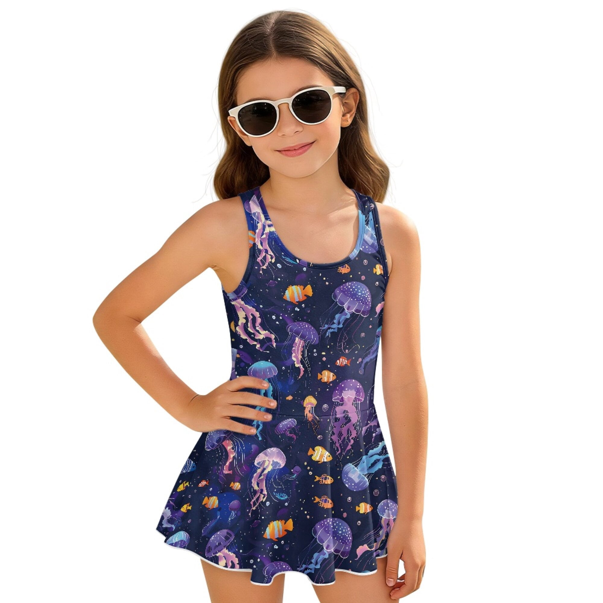 DISNIMO Girls One Piece Swimsuits Jellyfish Fish Print Kids Sleeveless ...
