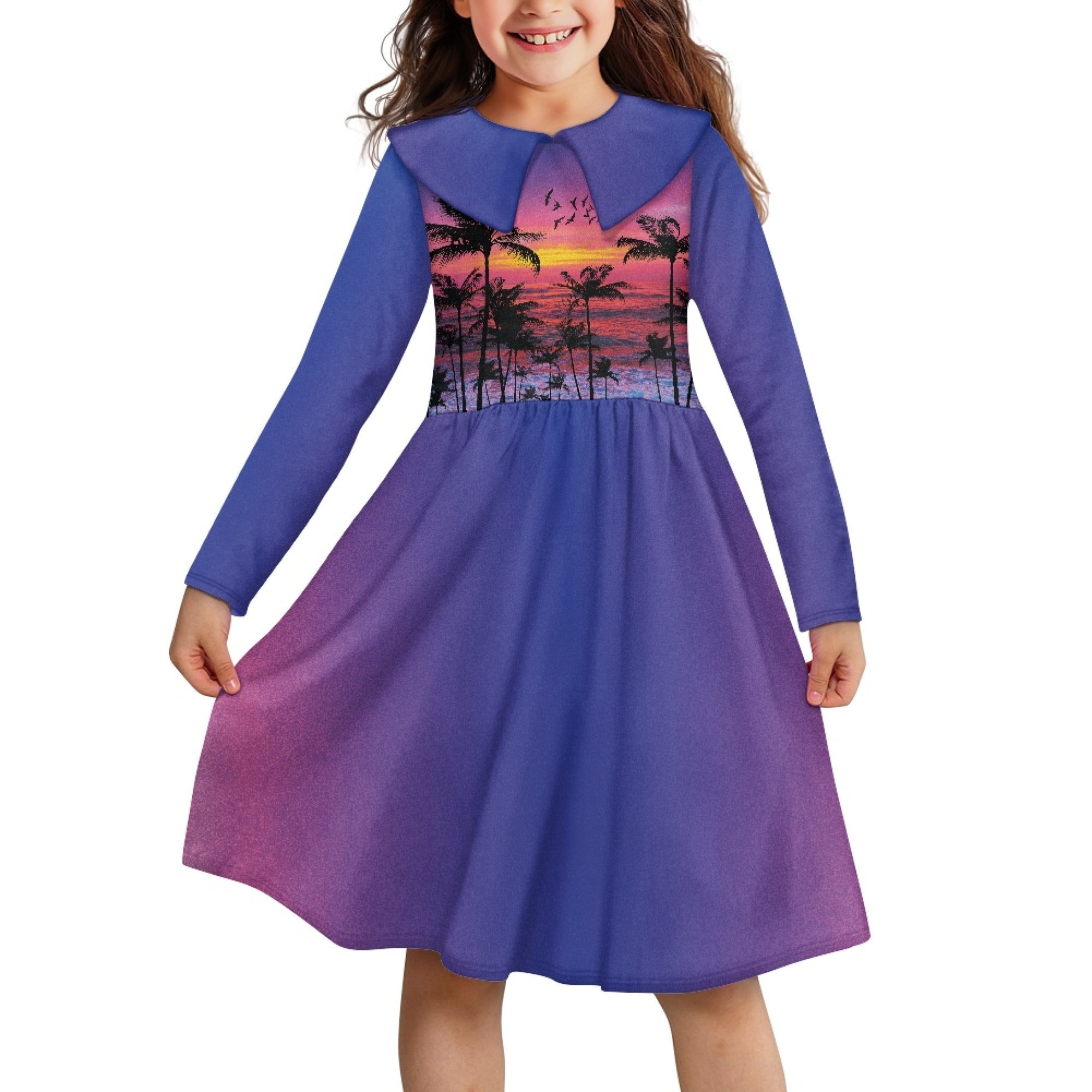 DISNIMO Girls Palm Tree Dress for Girls Long Sleeve Midi Dress Kids Girls Dresses with Collar ...