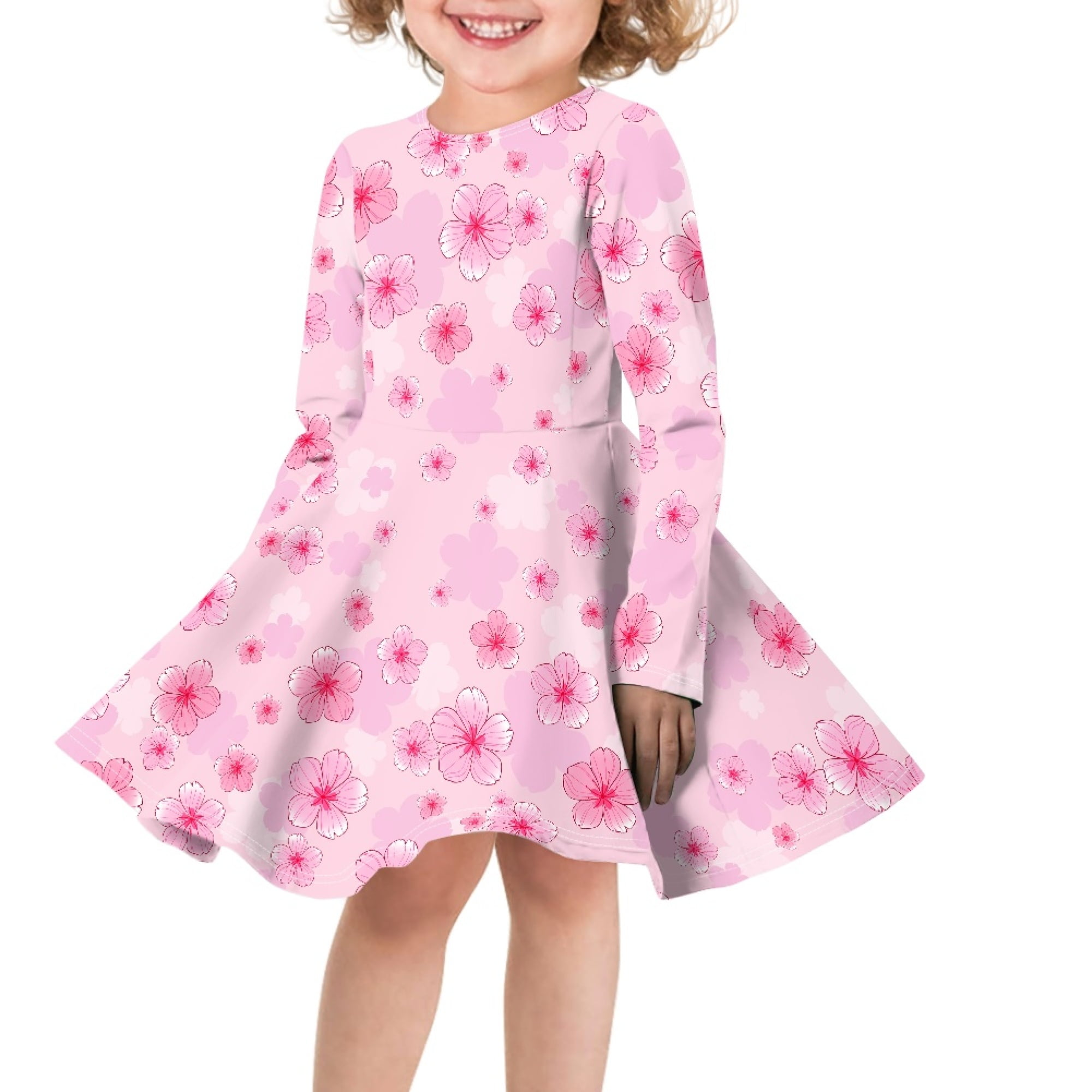 DISNIMO Girls Pink Cherry Blossom Dress Girls Size 3-4 Dresses for Little Girls Long Sleeve Midi ...