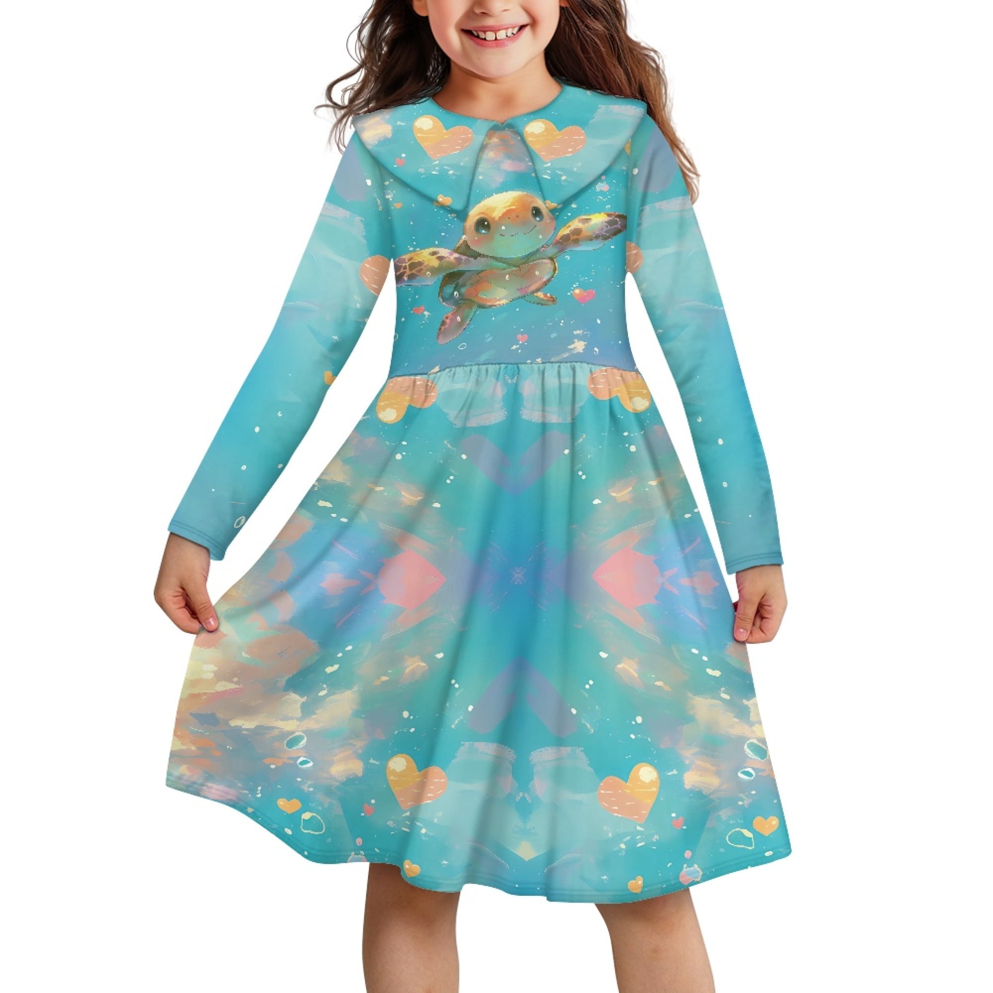 DISNIMO Girls Sea Turtle Dress Kids Blue Dress Long Sleeve Girls Twirly Dress for Girls Heart ...