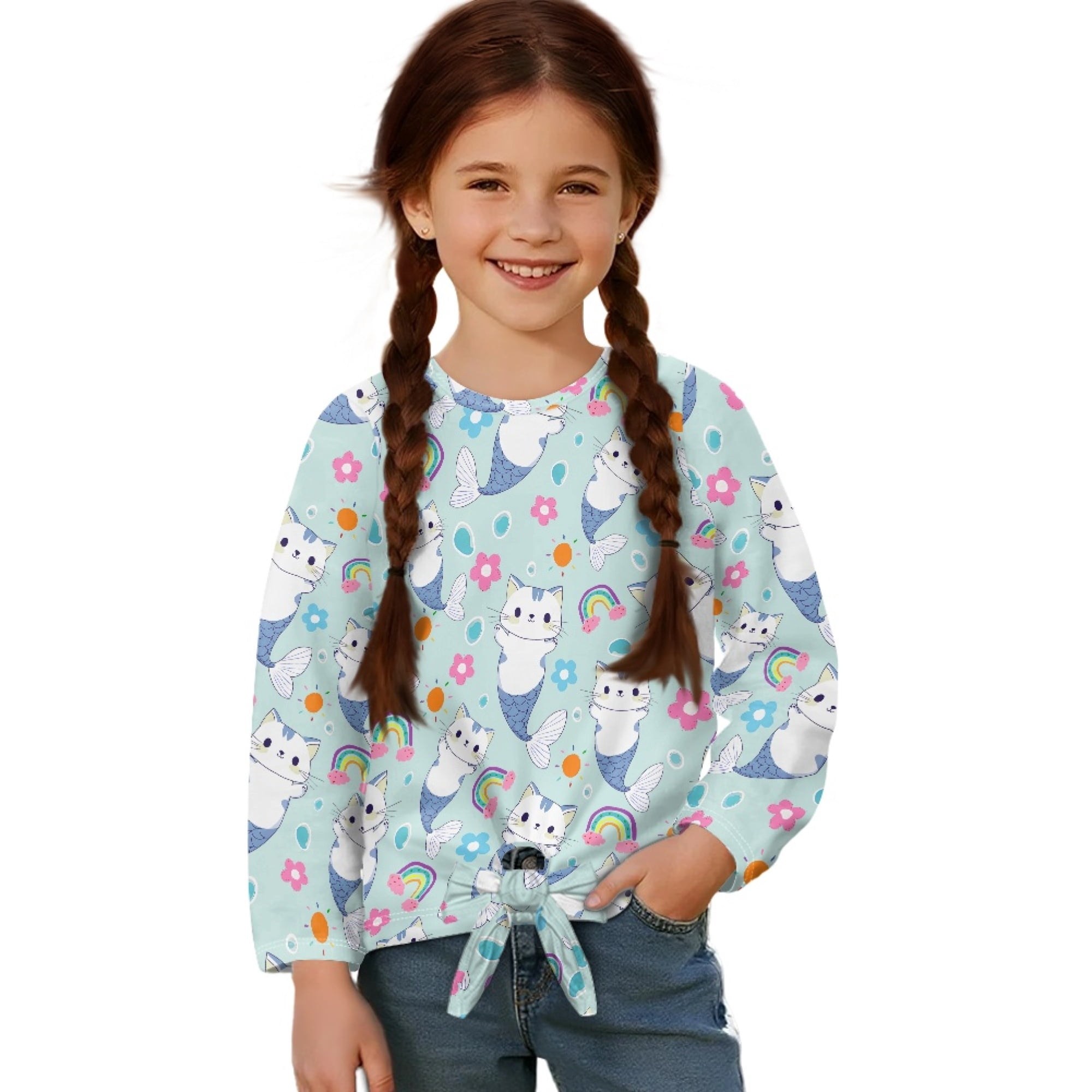 DISNIMO Girls Tunic Tops Cat Flower Printed Casual Loose Pullover Top ...