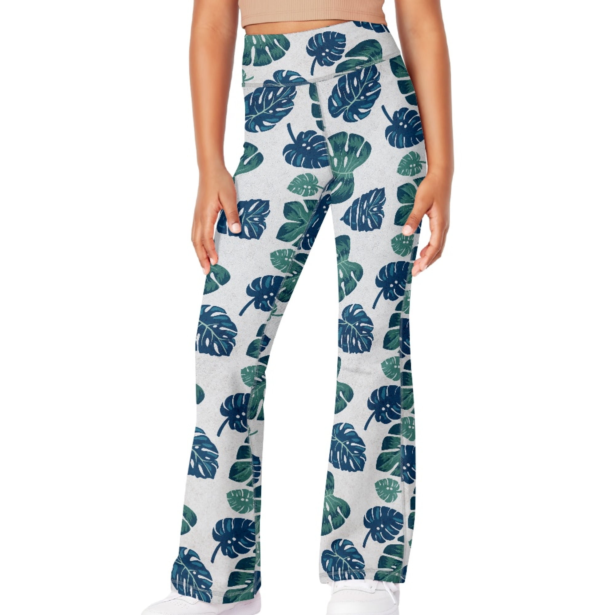 DISNIMO Green Palm Leaf Girls Bell Bottom Stretchy Knit Pants Fall ...