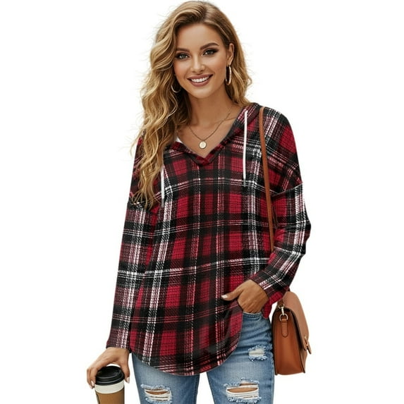 DISNIMO Grid Printed Hoodies for Women Waffle Shirts Long Sleeve ...