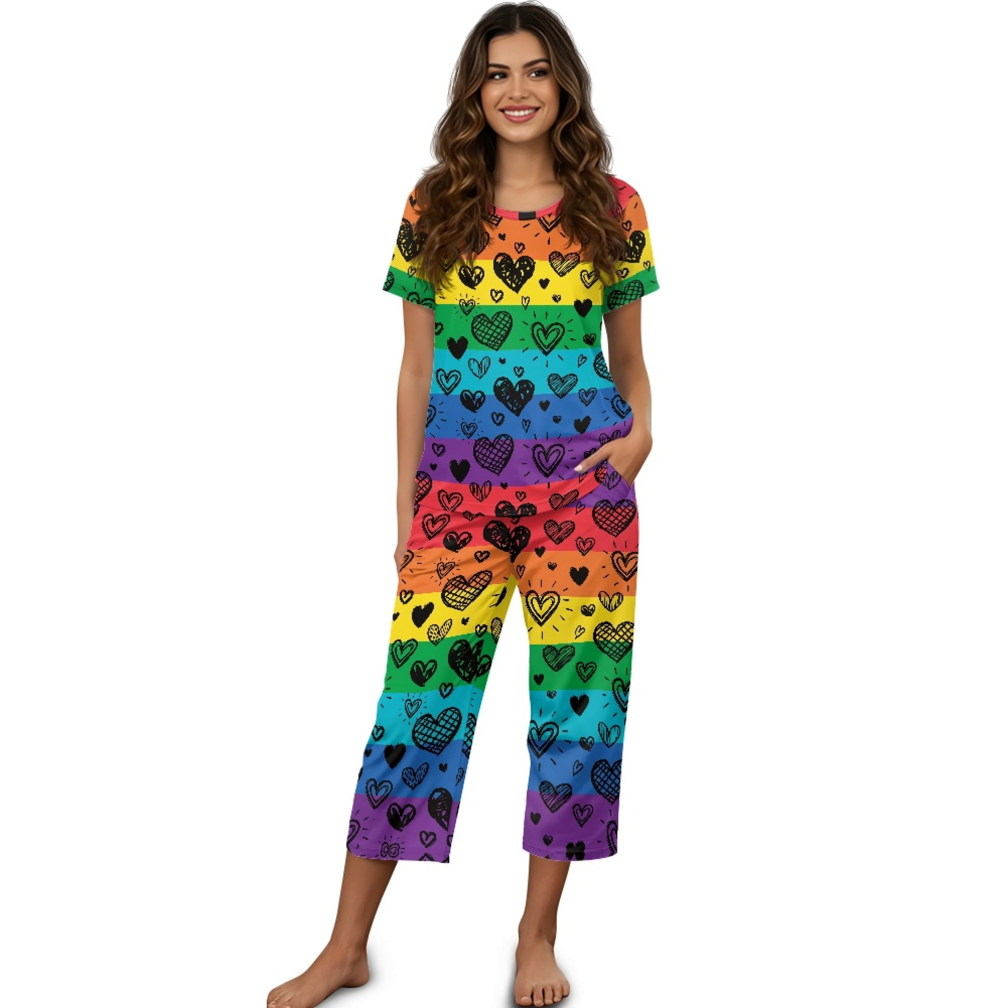 DISNIMO Heart Stripe Printed Pajama Set for Women, Soft 2 Piece Pjs Set ...