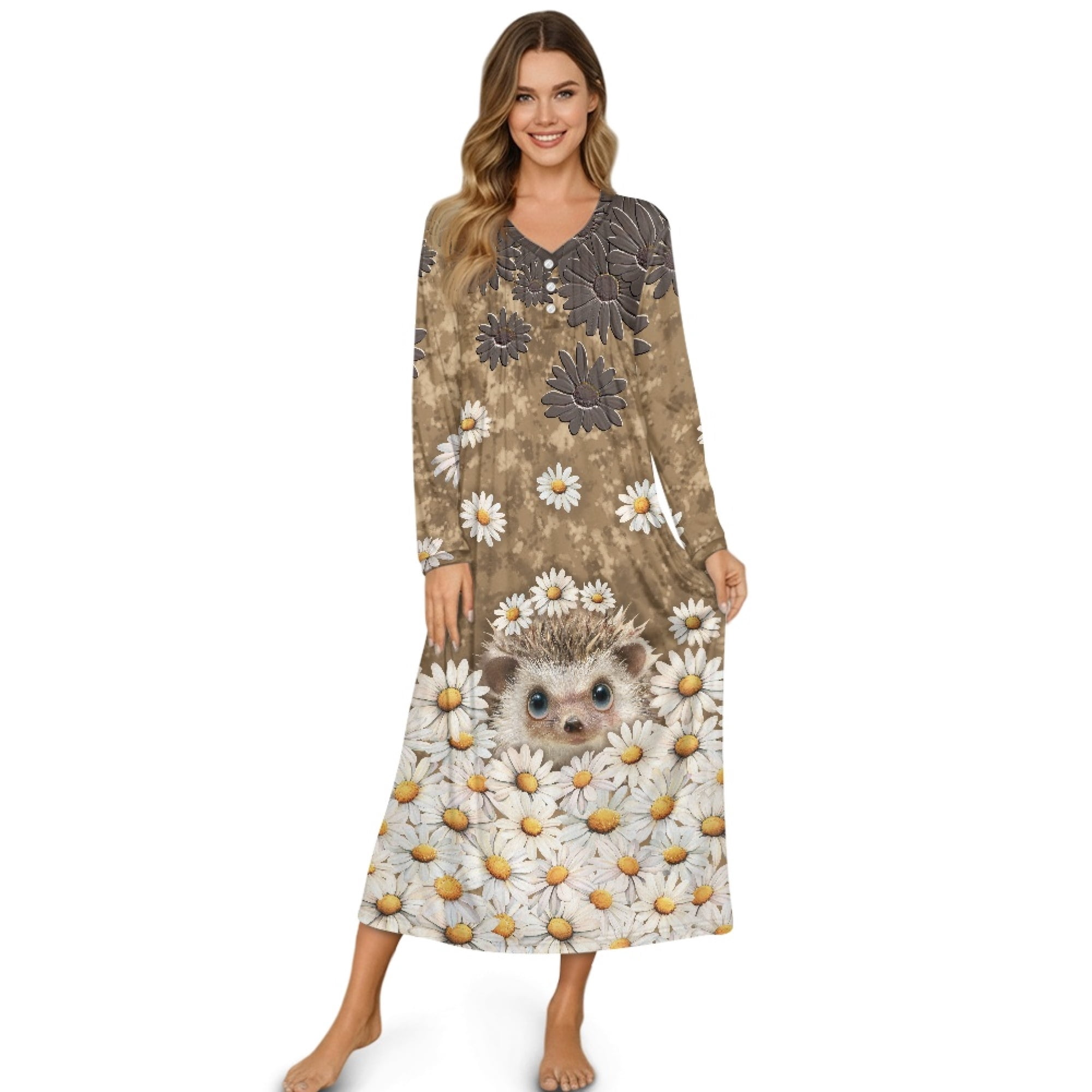 DISNIMO Hedgehog Daisy Printed Nightgown for Women Sleepwear V Neck ...