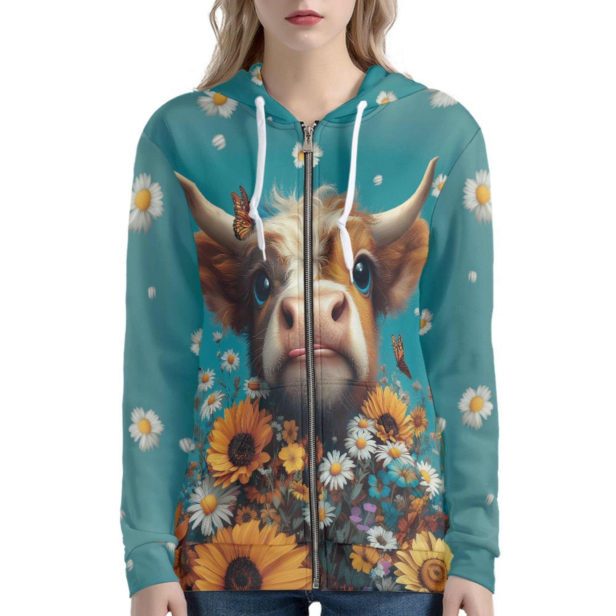 DISNIMO Highland Cow Printed Womens Zip Up Hoodies Floral Printed ...