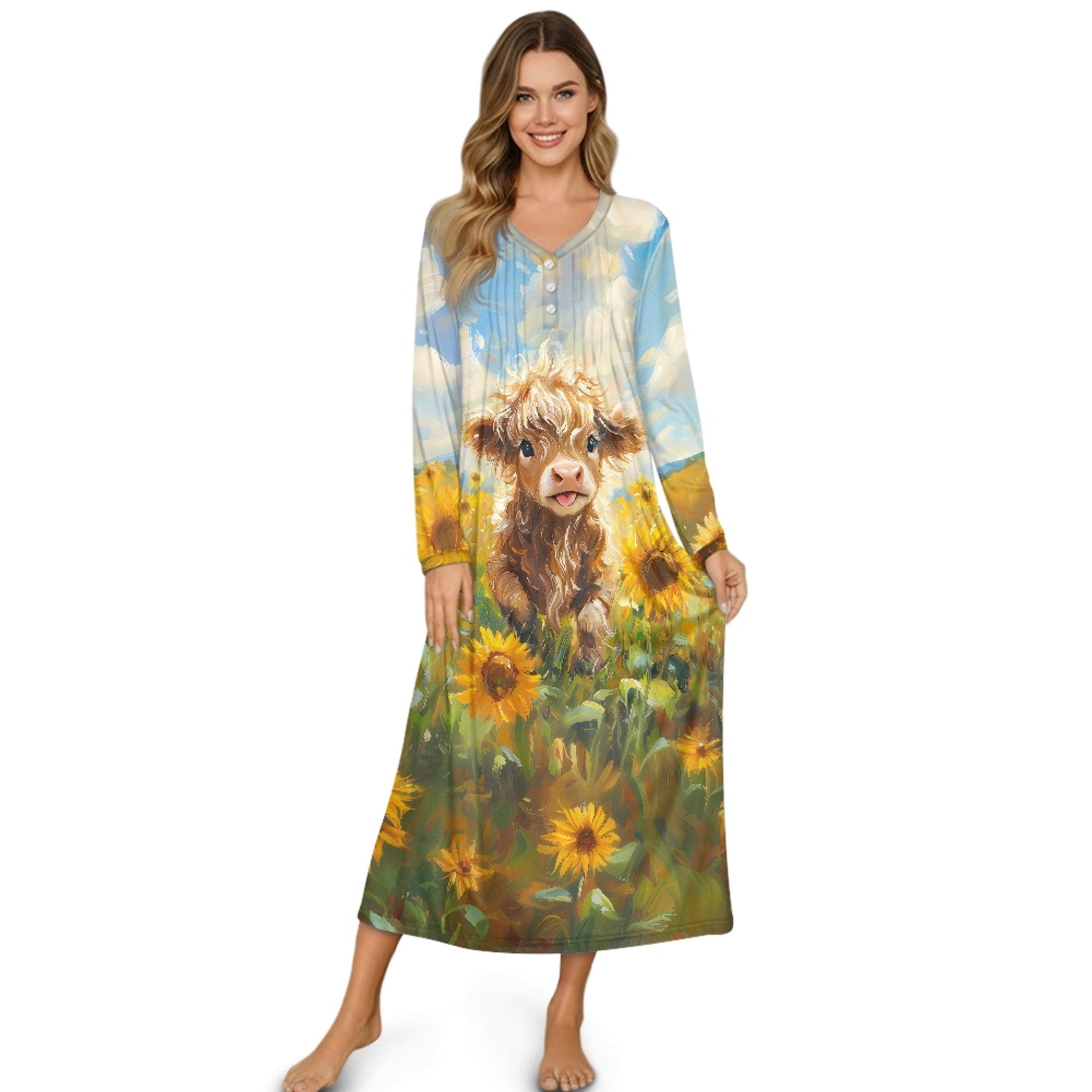 DISNIMO Highland Sunflower Print Women's Nightgown Long Sleeve ...