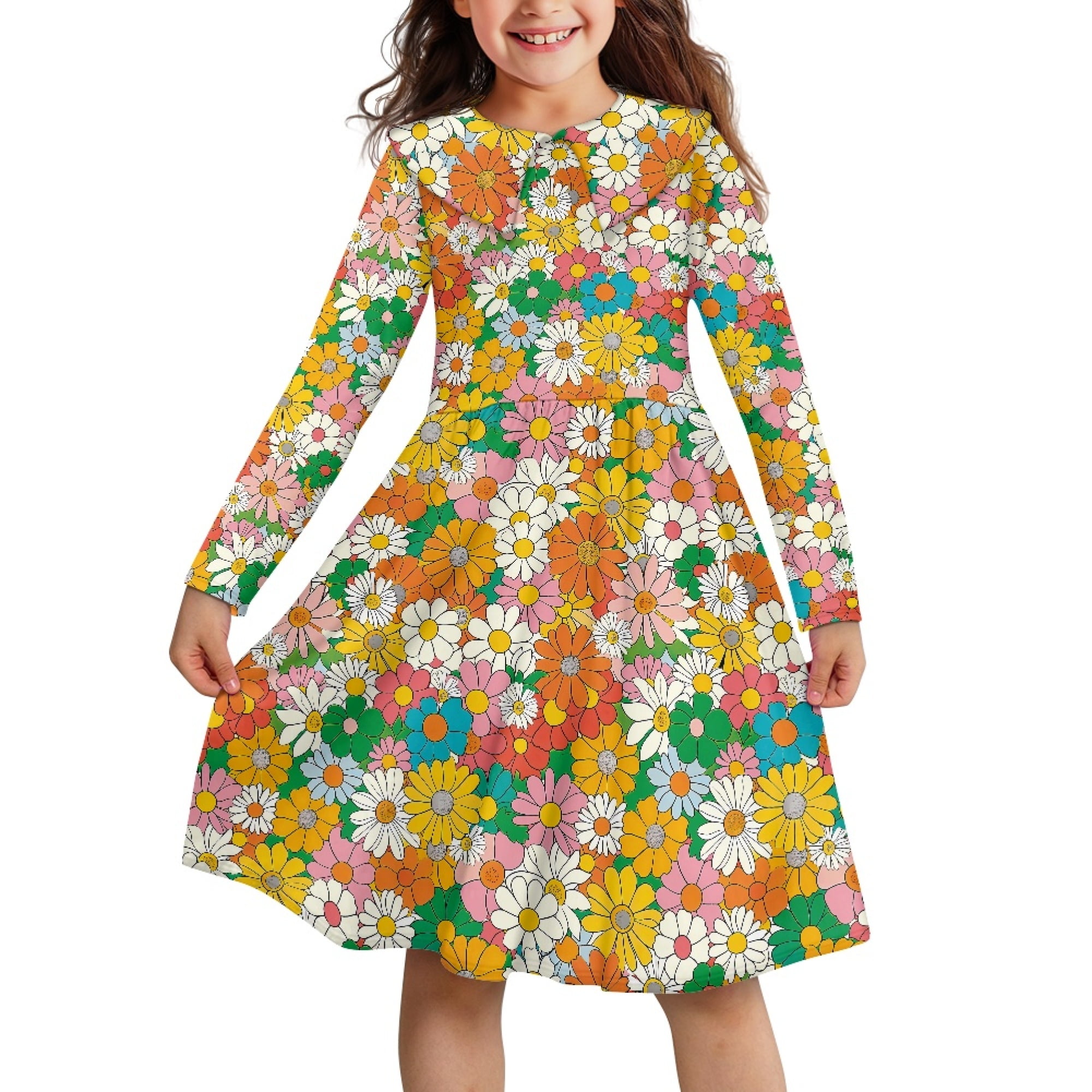 DISNIMO Hippie Flower Dress Kids Girls Dress for Children Long Sleeve Dress Fall Girls Collar ...