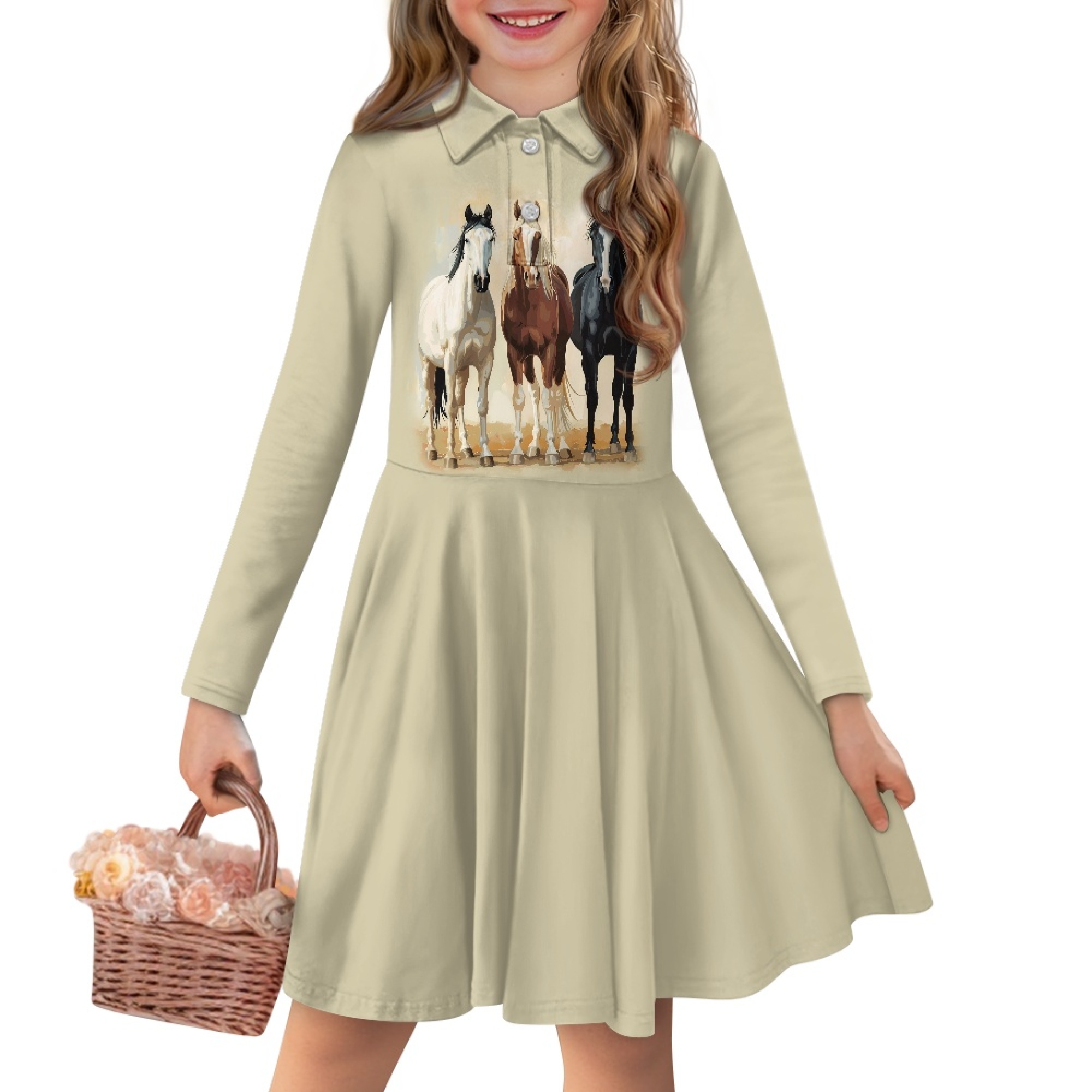 DISNIMO Horse Dress Girls Dress Animals Kids Collared Dress Child Twirling Dresses for Girls 9 ...