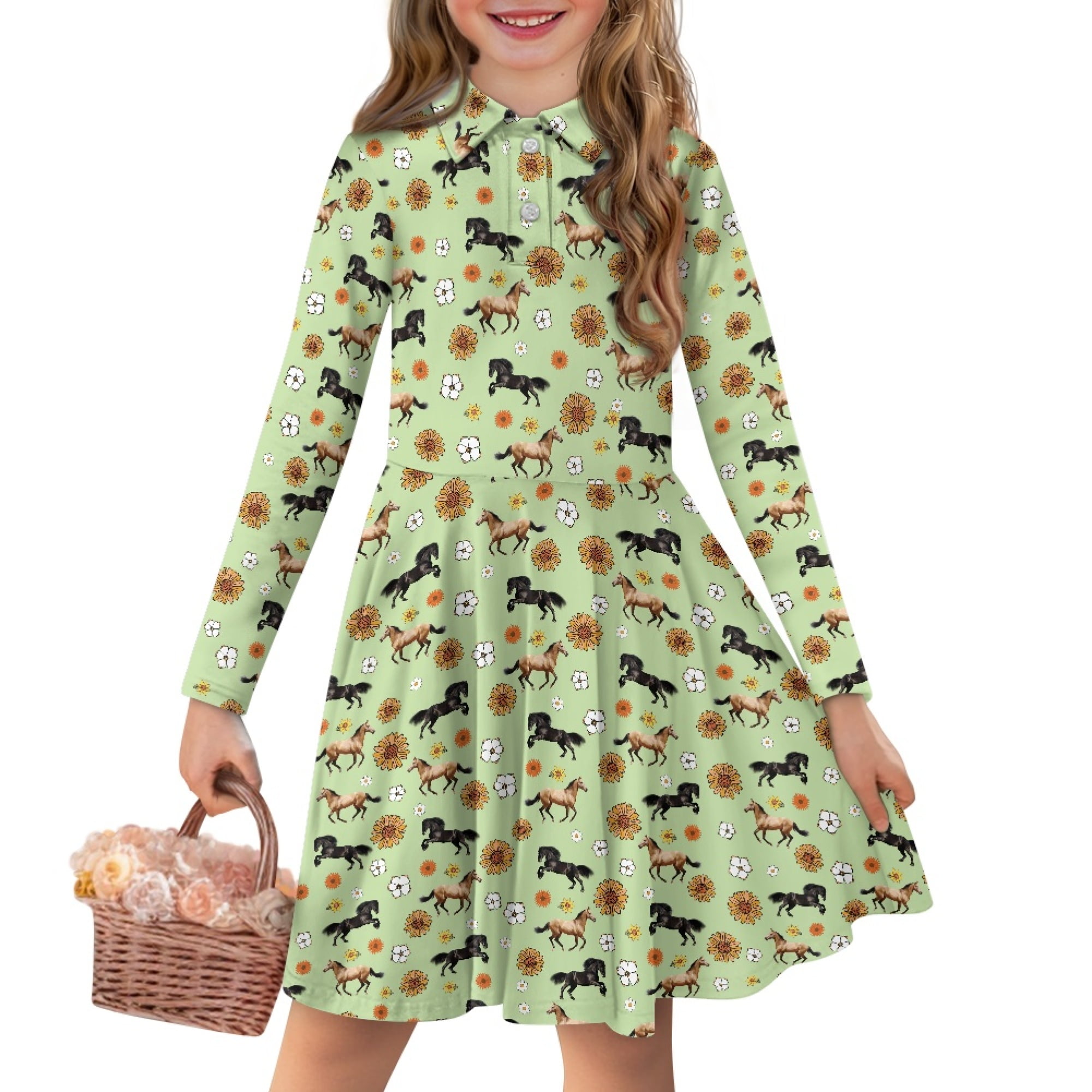 DISNIMO Horse Dress Girls Sunflower Dresses for Kids Long Sleeve Skater Dress Girls Animal Dress ...