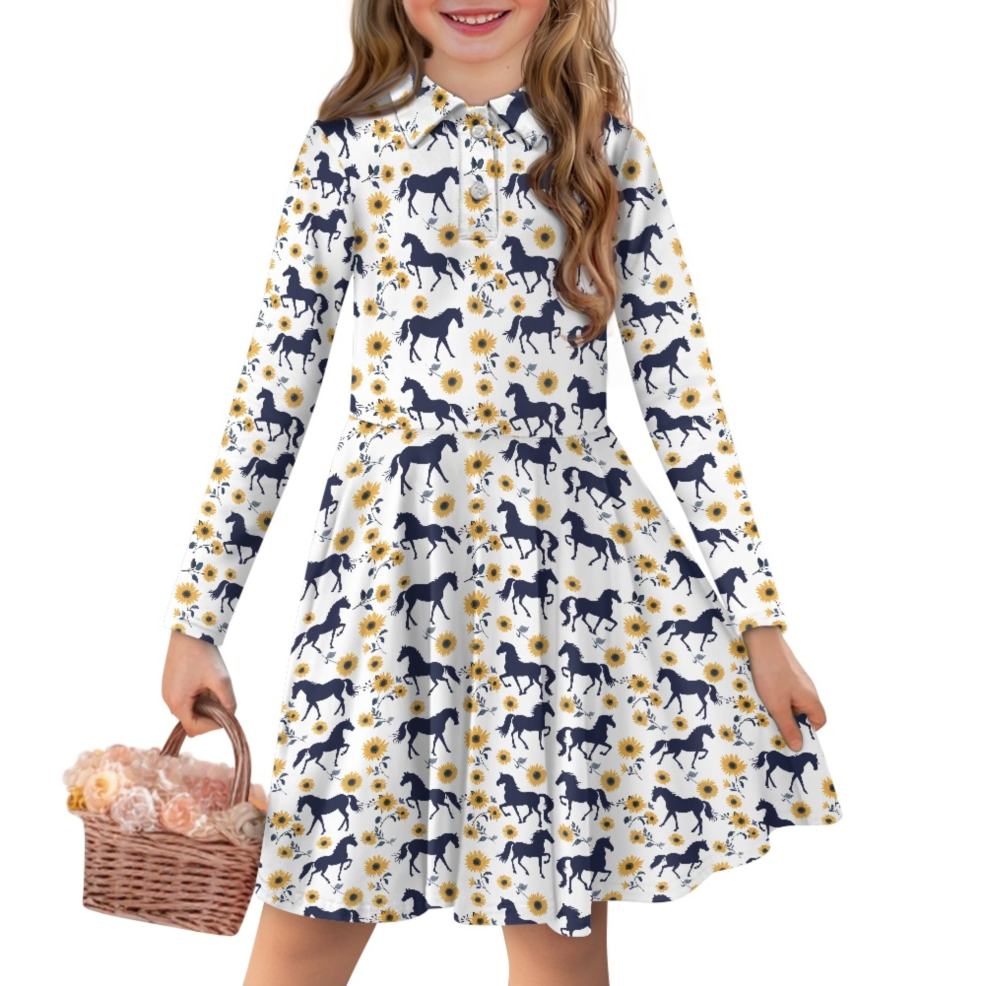 DISNIMO Horse Dress Girls Sunflower Dresses for Kids Long Sleeve Skater Dress Girls Animal Dress ...