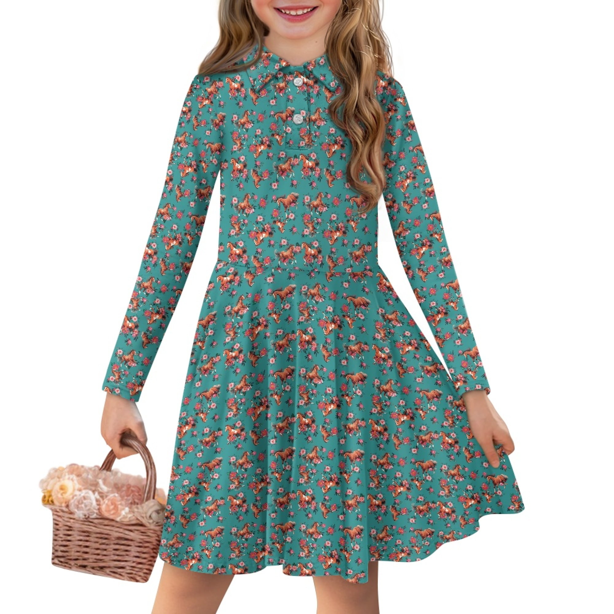 DISNIMO Horse Dresses for Girls 7-8 Flower Dress for Kids Long Sleeve Skater Dress Girls Midi ...