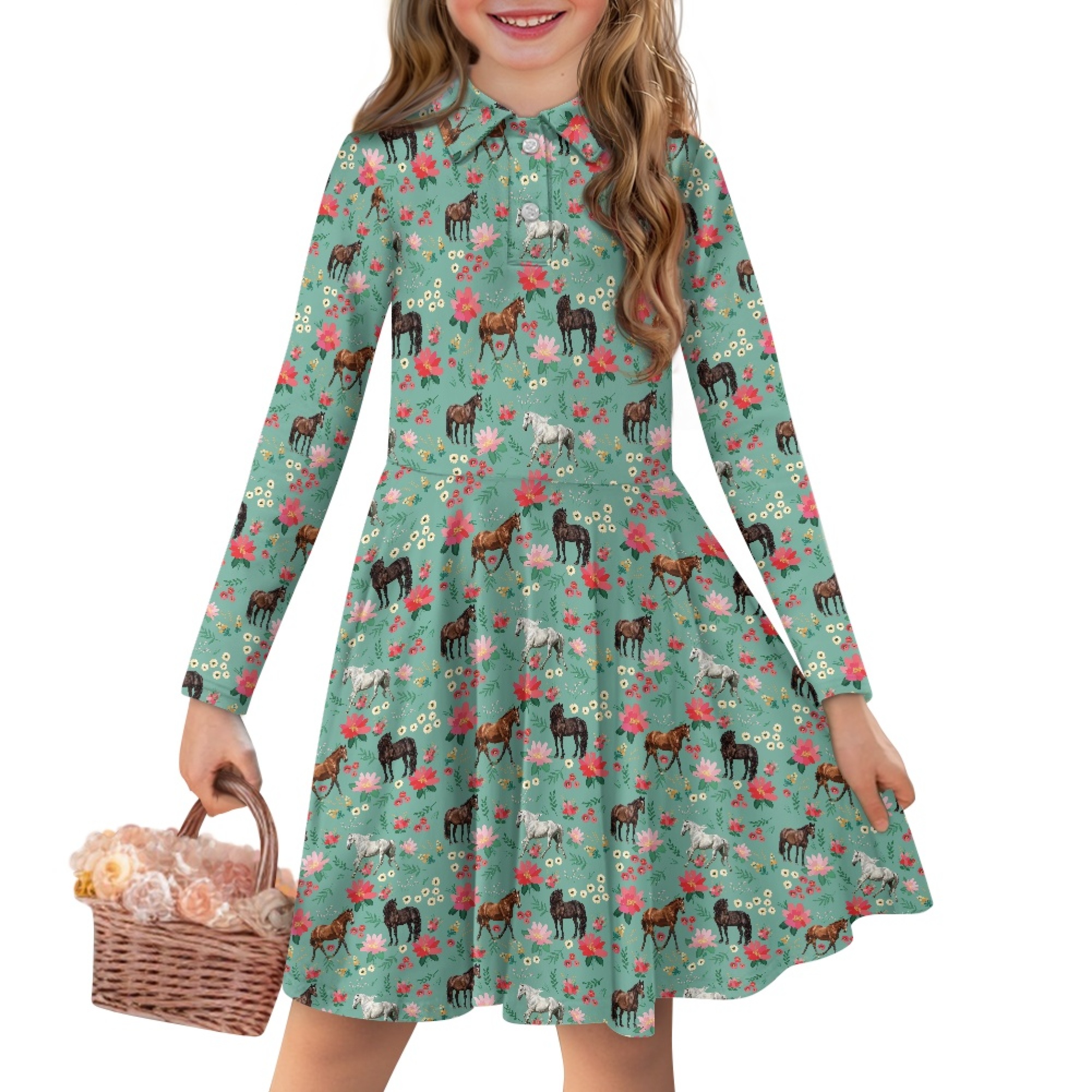 DISNIMO Horse Flower Dress Girls Midi Dress Girl Fall Dress Long Sleeve Skater Dress Girls ...