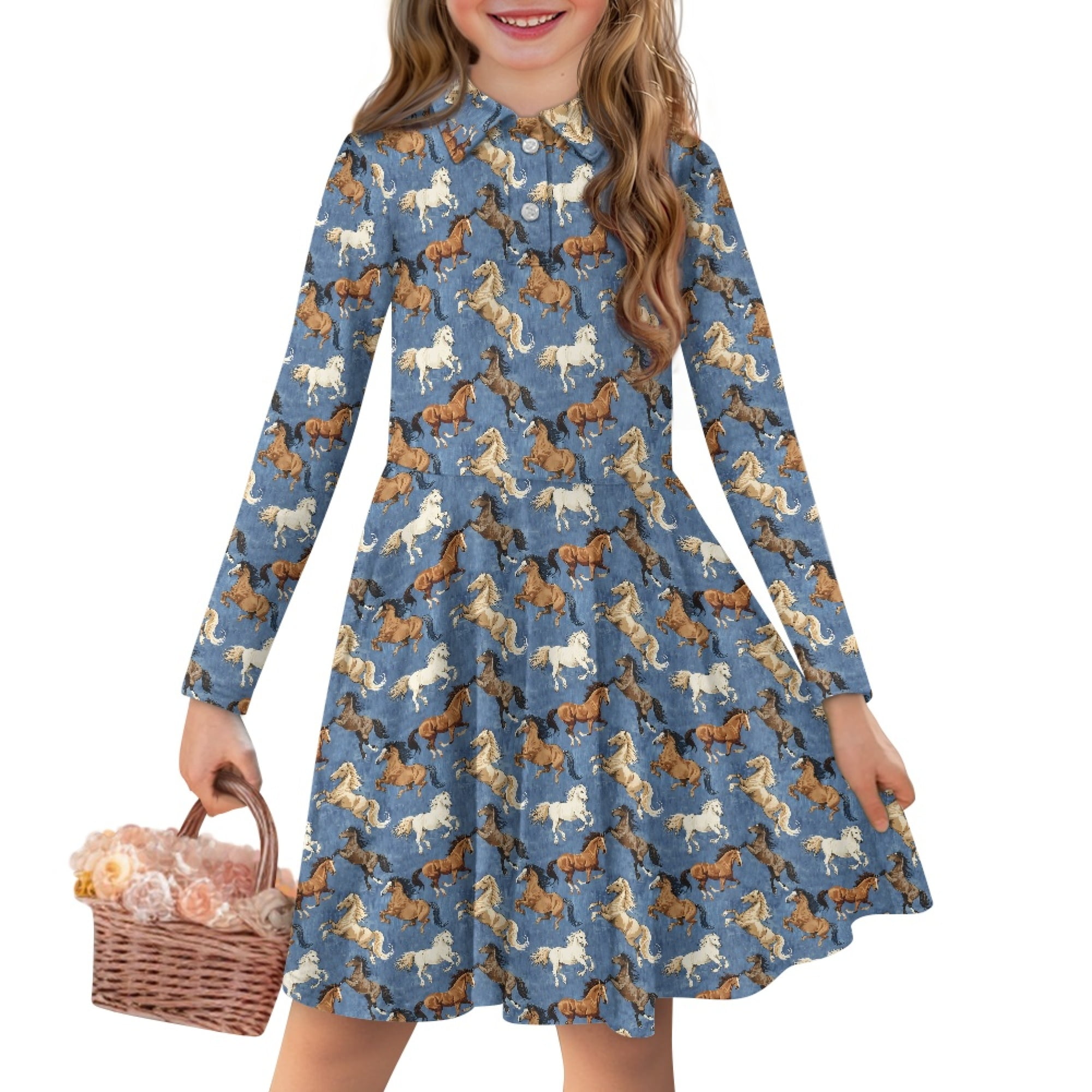DISNIMO Horse Print Dress Girls 7-8 Year Old Girl Dresses Long Sleeve Fall Midi Dress Girl ...