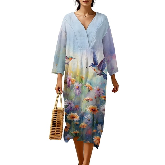 DISNIMO Hummingbird Daisy Printed Women Casual Dress Imitation Linen ...