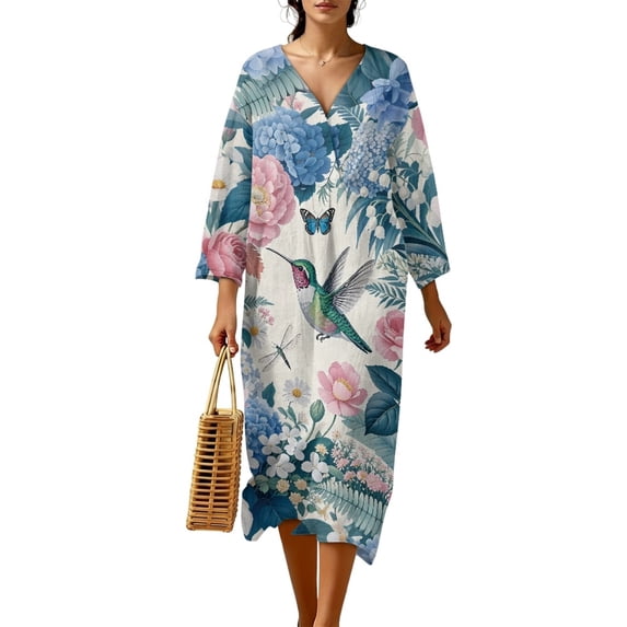 DISNIMO Hummingbird Flower Printed Women Casual Dress Long Summer Maxi ...