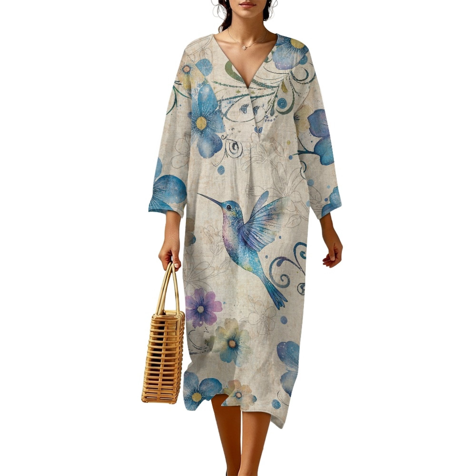 DISNIMO Hummingbird Flower Printed Women's Maxi Dresses Casual 3/4 ...