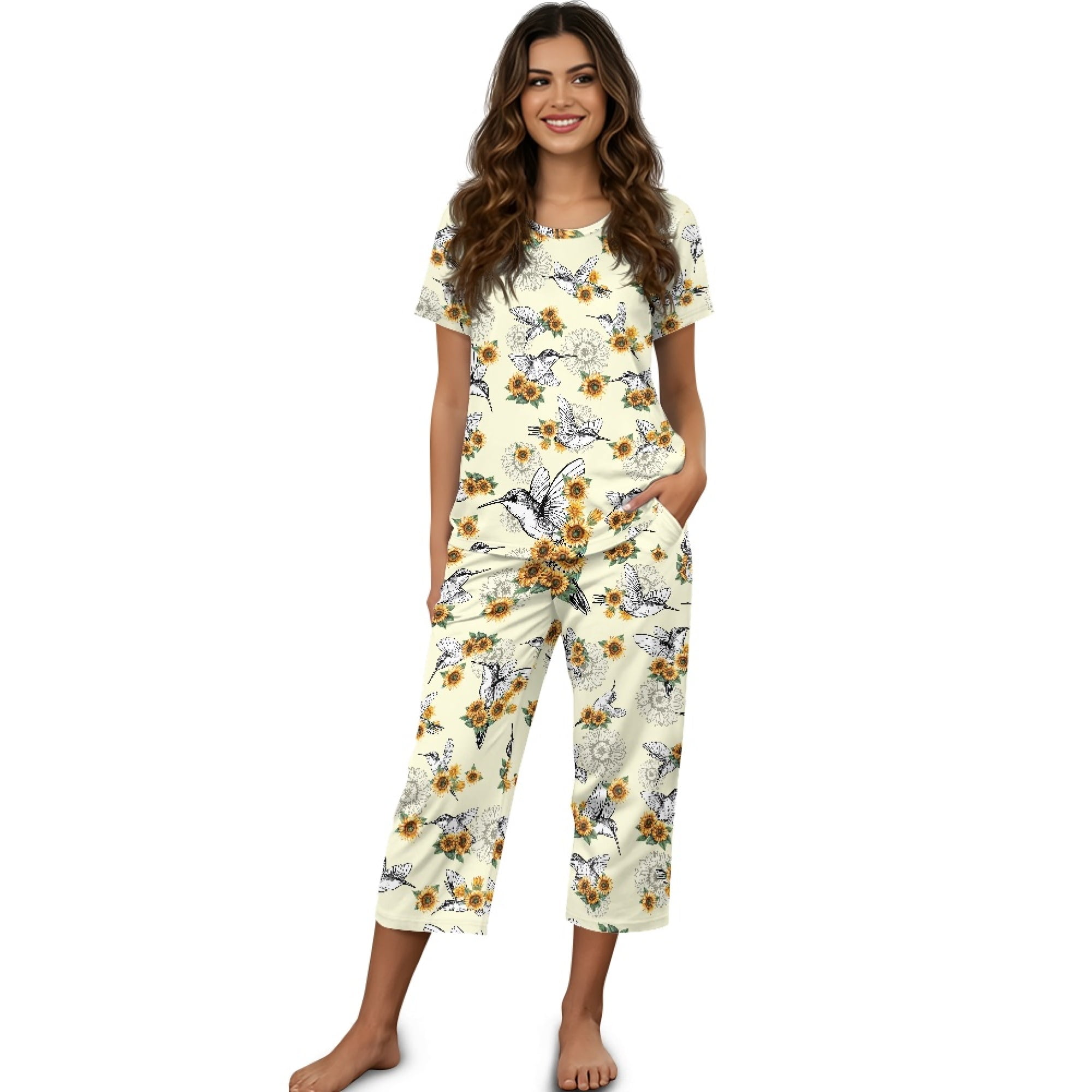 DISNIMO Hummingbird Sunflower Printed Pajama Set for Women, Summer 2 ...