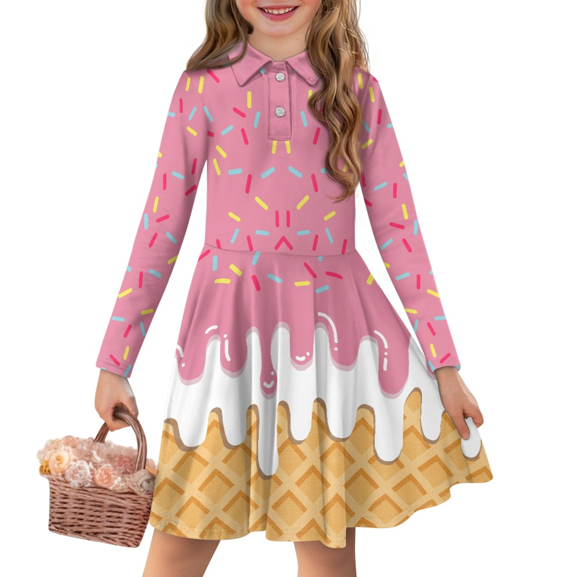 DISNIMO Ice Cream Dress for Girls Size 13-14 Dresses Kids Collared Dress Long Sleeve Midi Dress ...