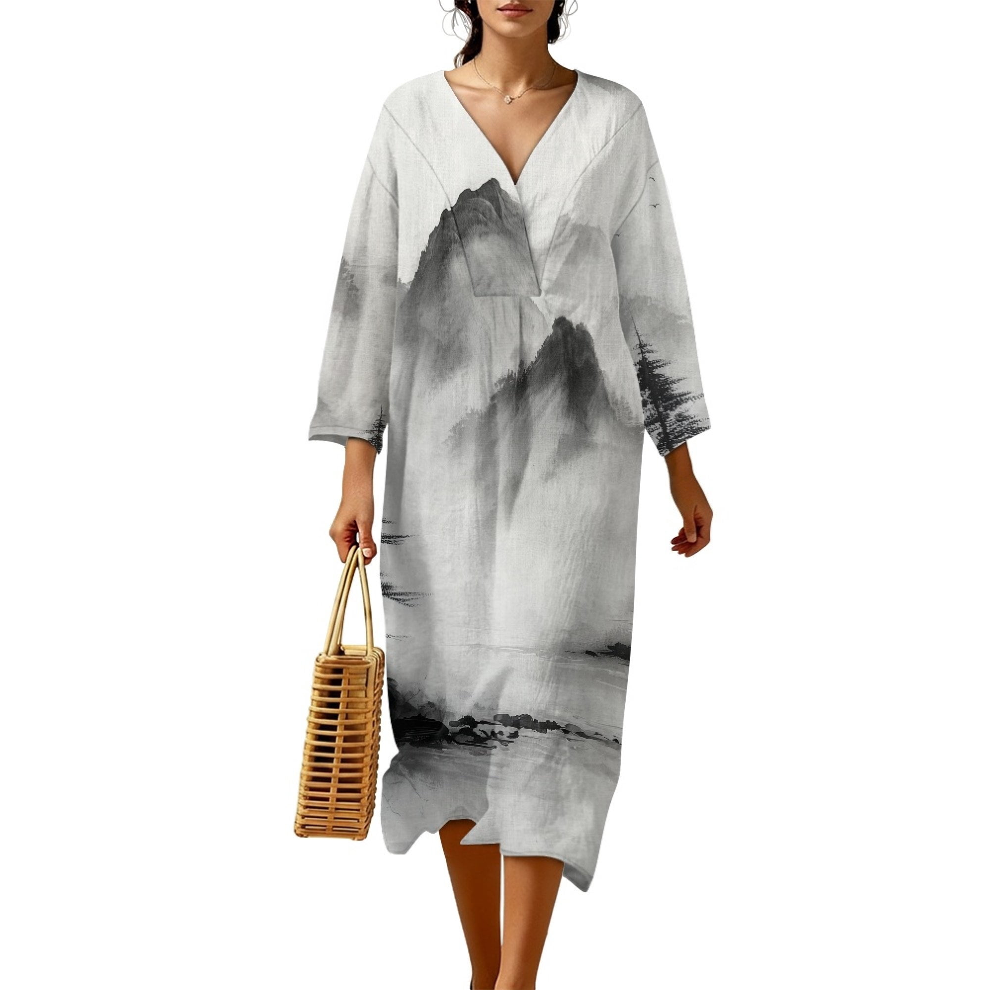 DISNIMO Ink Wash Painting Printed Women Linen Style Dresses Casual 3/4 ...
