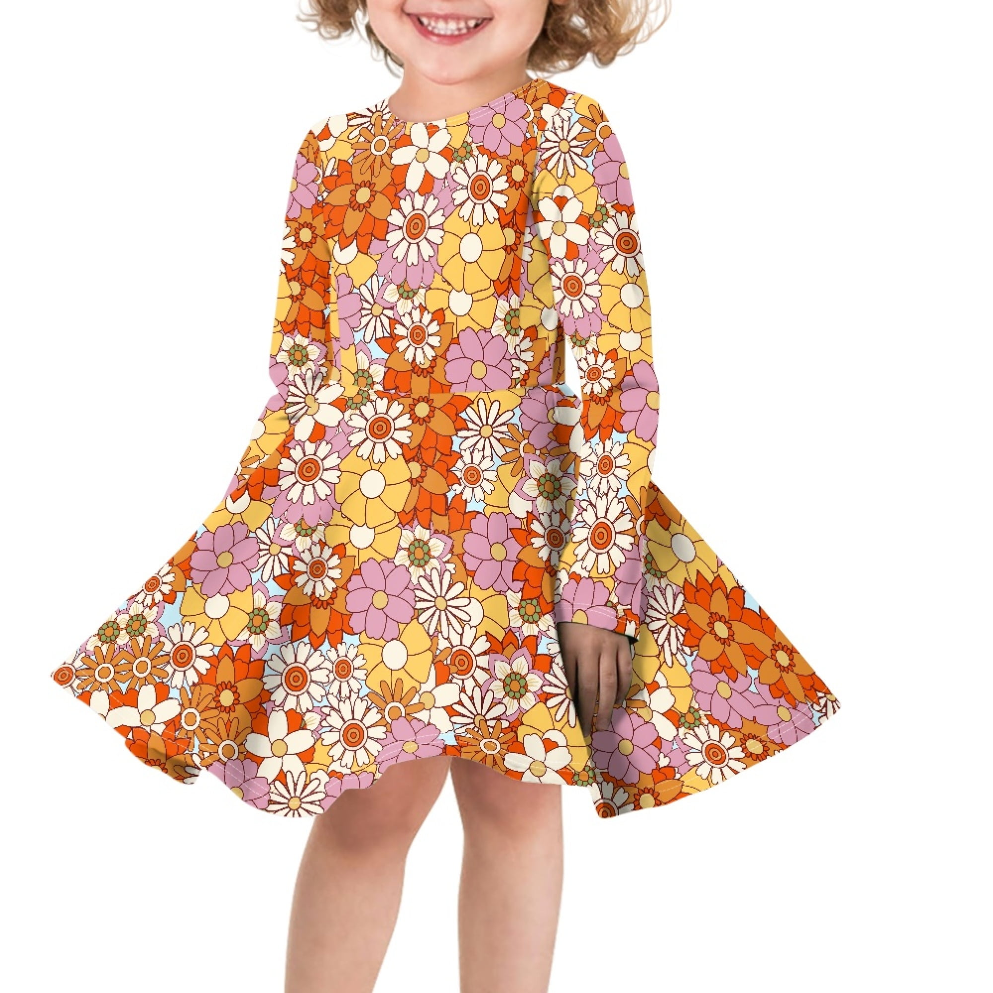 DISNIMO Kids Hippie Dress for Girls Flower Print Dress for Kids Girls Long Sleeve Twirl Dress ...