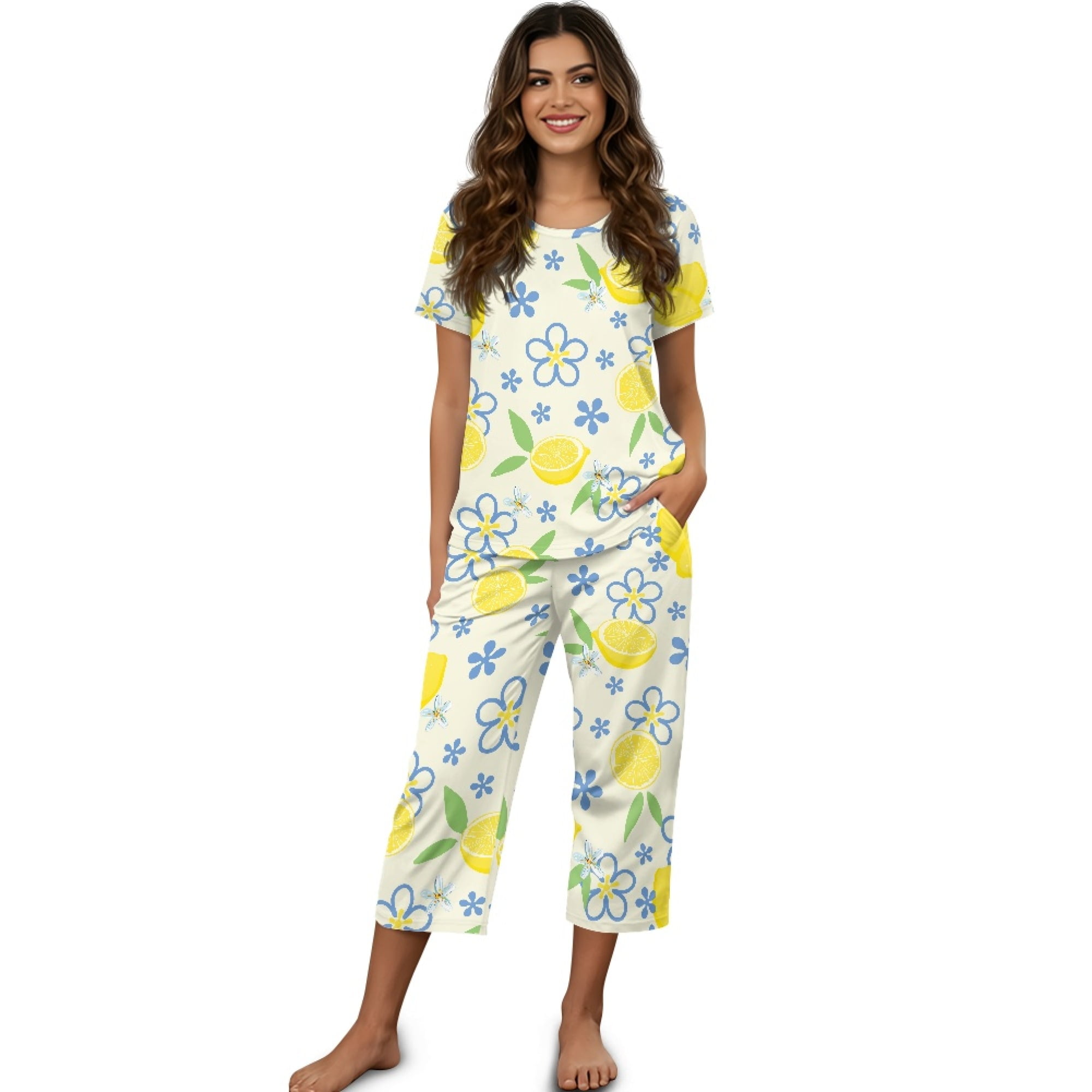 DISNIMO Lemon Flower Printed Women's Pajama Sets Comfy Sleepwear Short ...