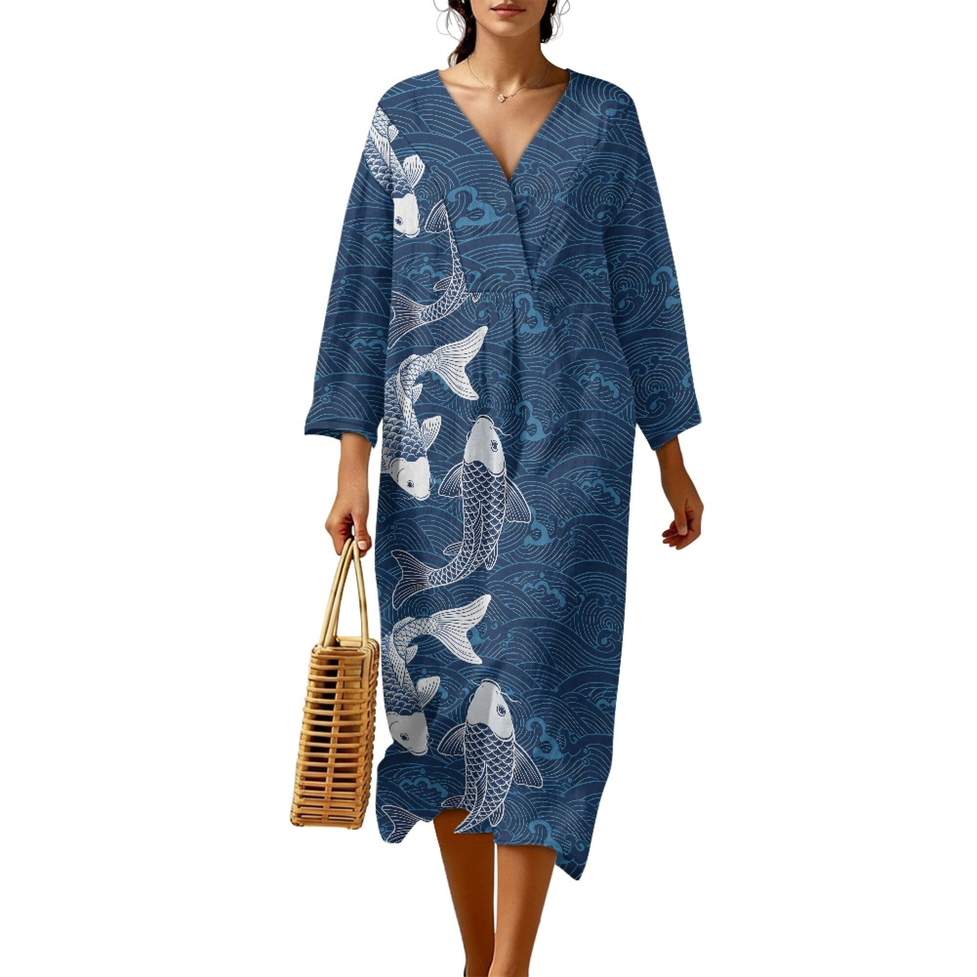 DISNIMO Linen-Like Womens Maxi Dresses Fish Print Casual Loose Dress 3/ ...