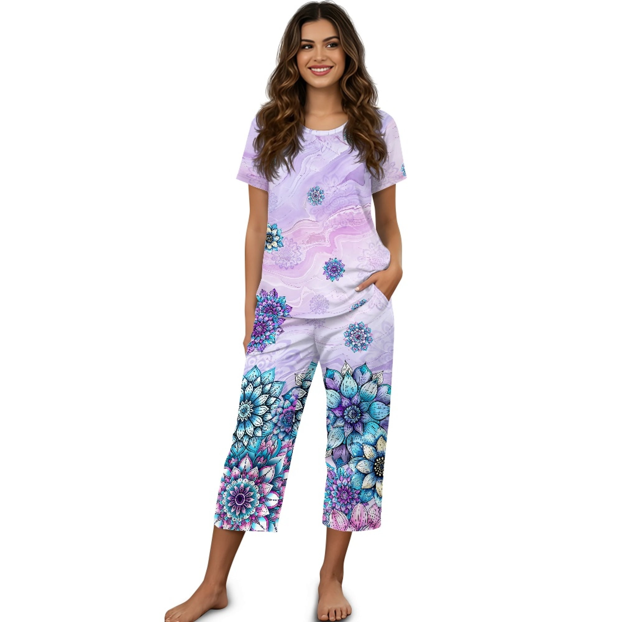 DISNIMO Mandala Flower Printed Pajama Set for Women, Soft Sleepwear 2 ...