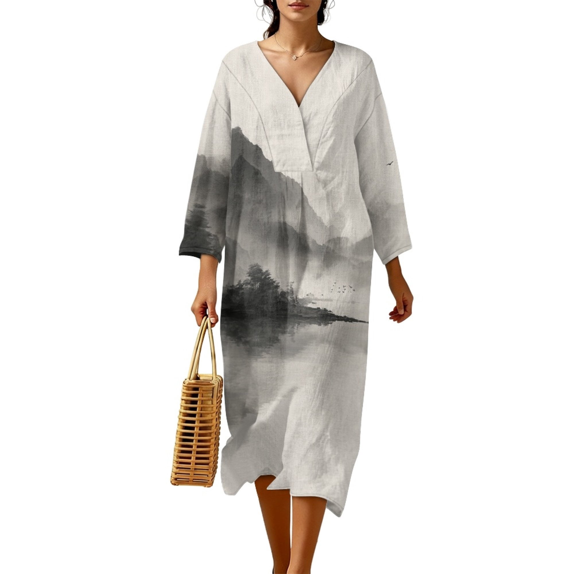 DISNIMO Maxi Dresses for Women Ink Wash Painting Print Linen Style 3/4 ...