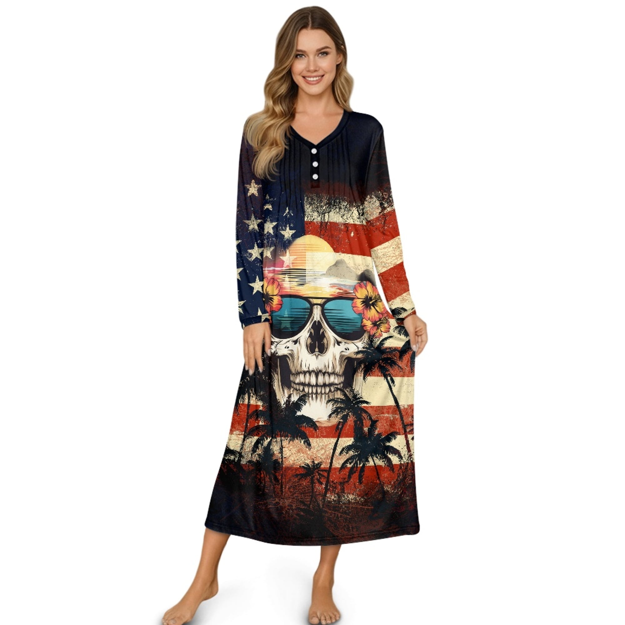 DISNIMO Nightgowns for Women Skull Palm Tree Printed Long Sleeve ...