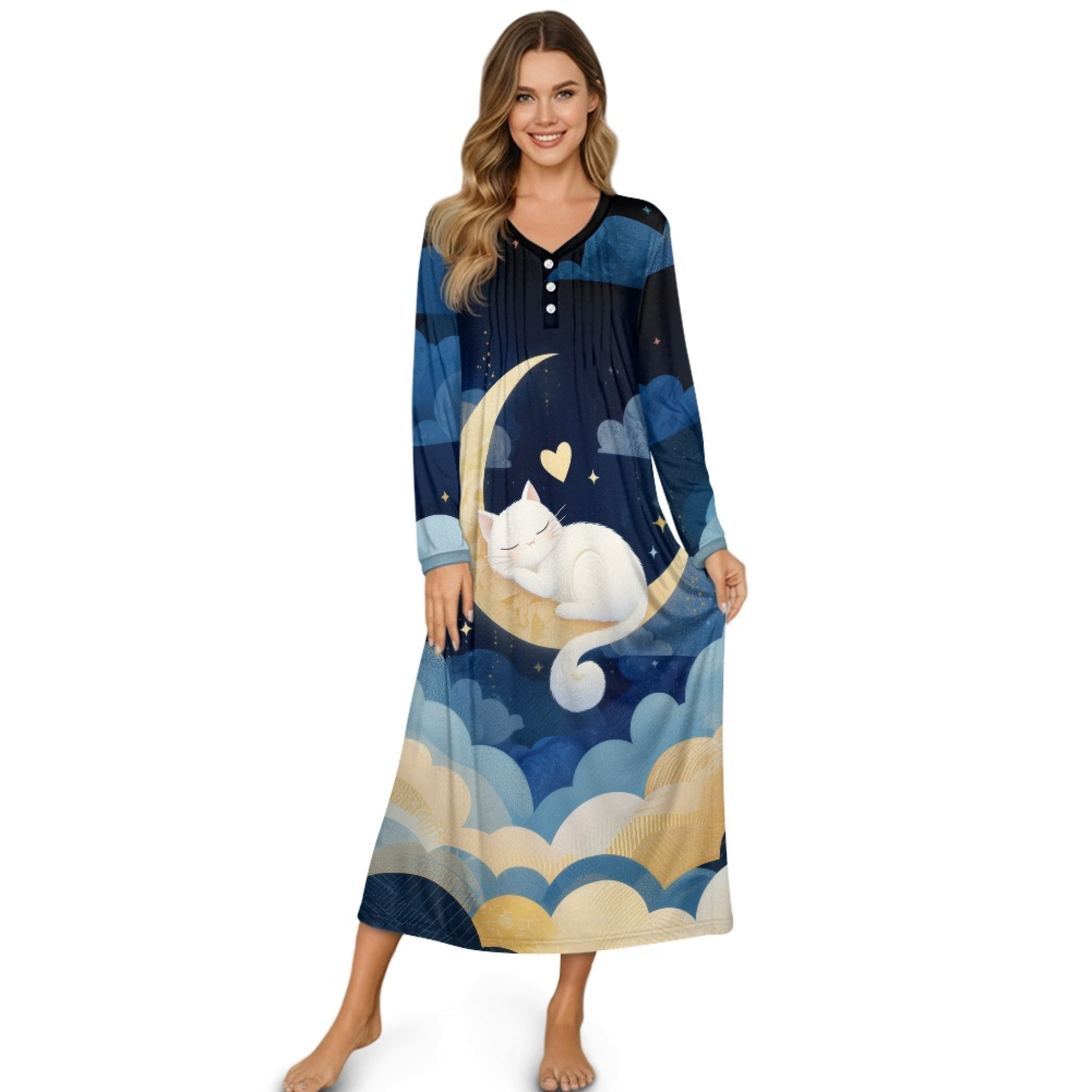 DISNIMO Nightgowns for Women Cute Cat Printed Long Sleeve Sleepshirts ...