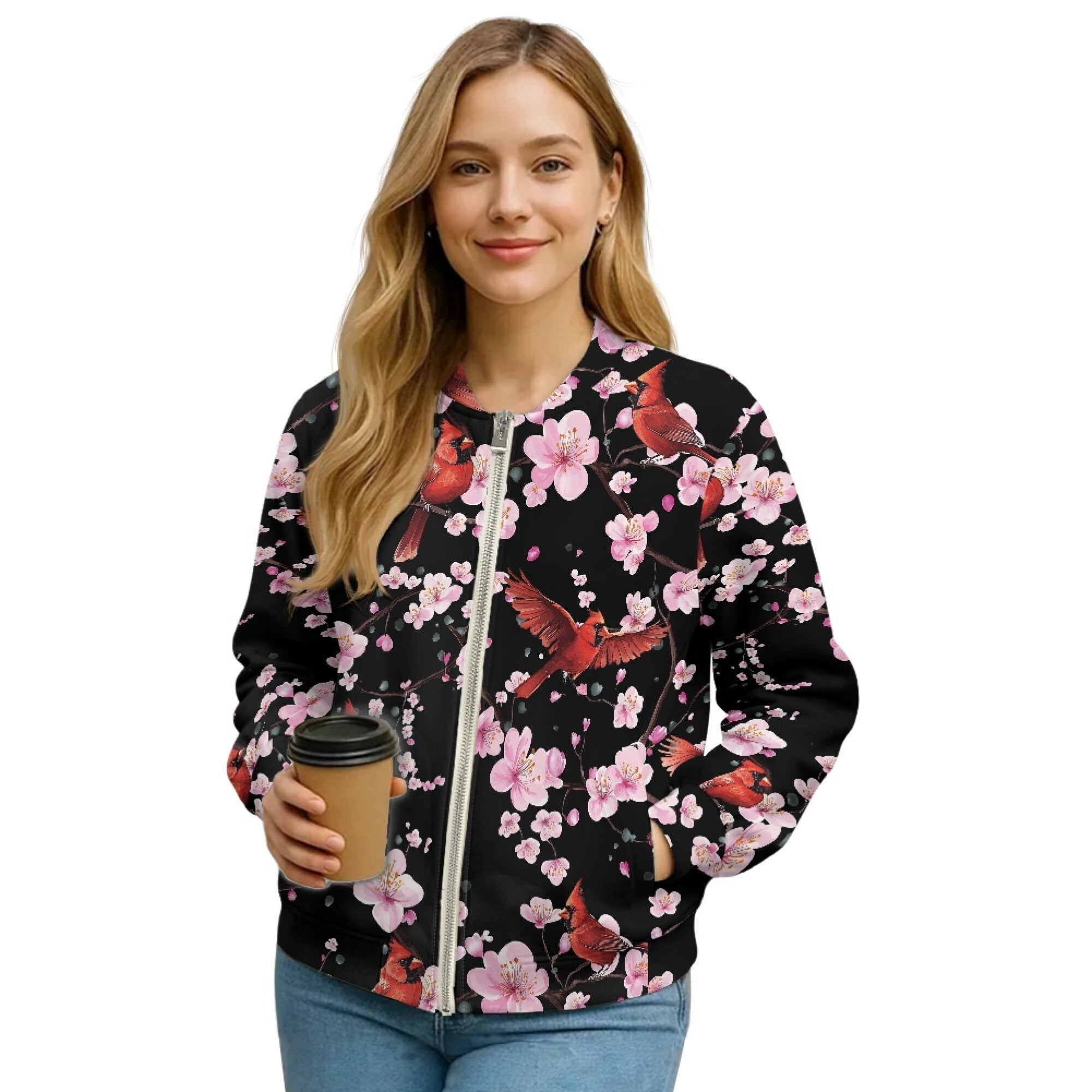 DISNIMO Northern Cardinal Printed Jackets for Women Cherry Blossom ...