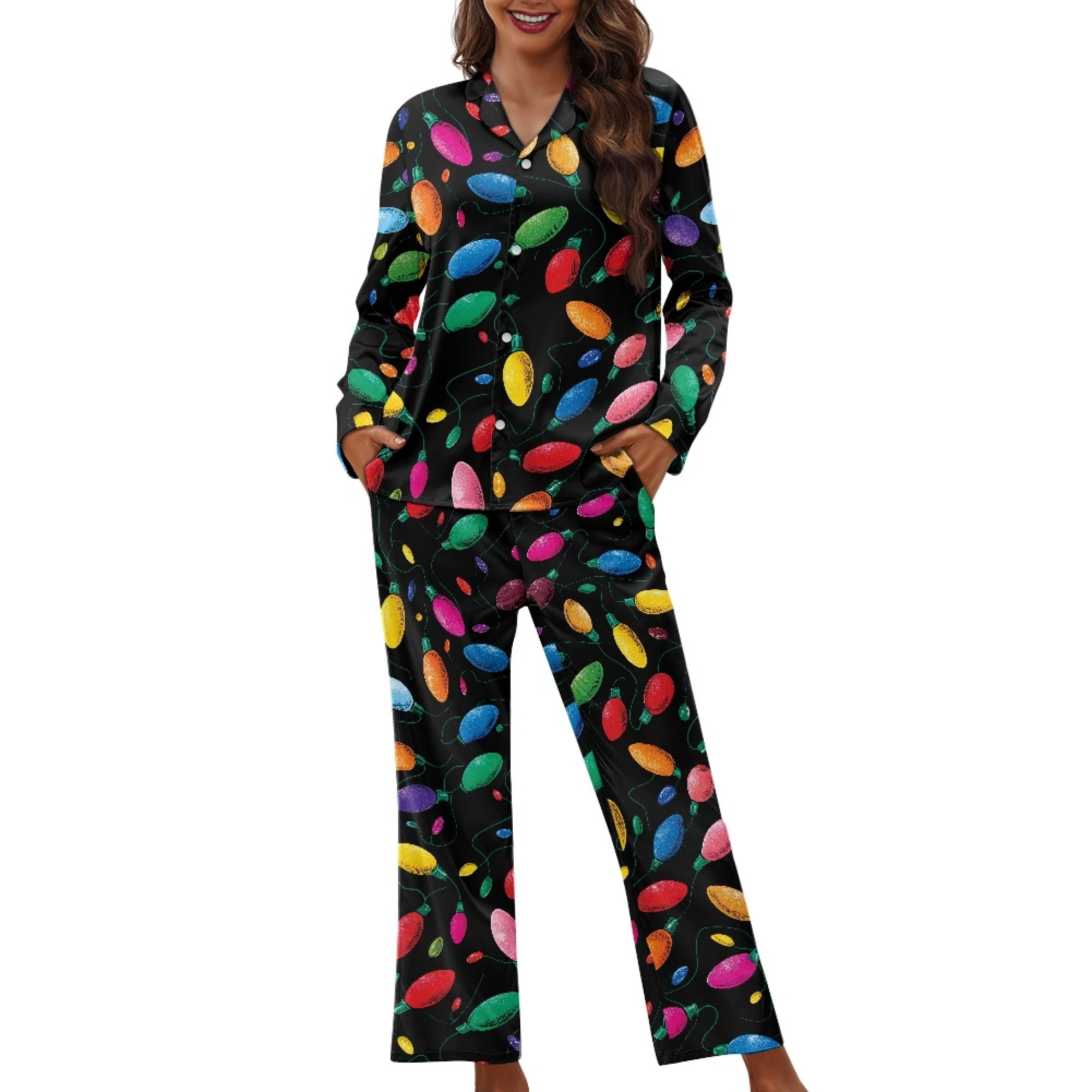 DISNIMO Pajama for Women 2 Piece Light Bulb Print Christmas Lounge Set ...